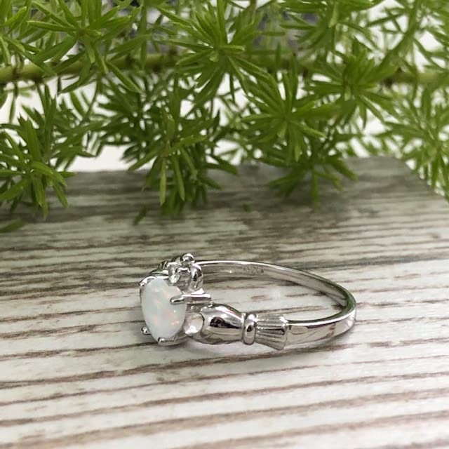 Kriskate & Co. Irish Claddagh Ring .925 Sterling Silver with Simulated Lab Opal Heart Promise Ring Size 6