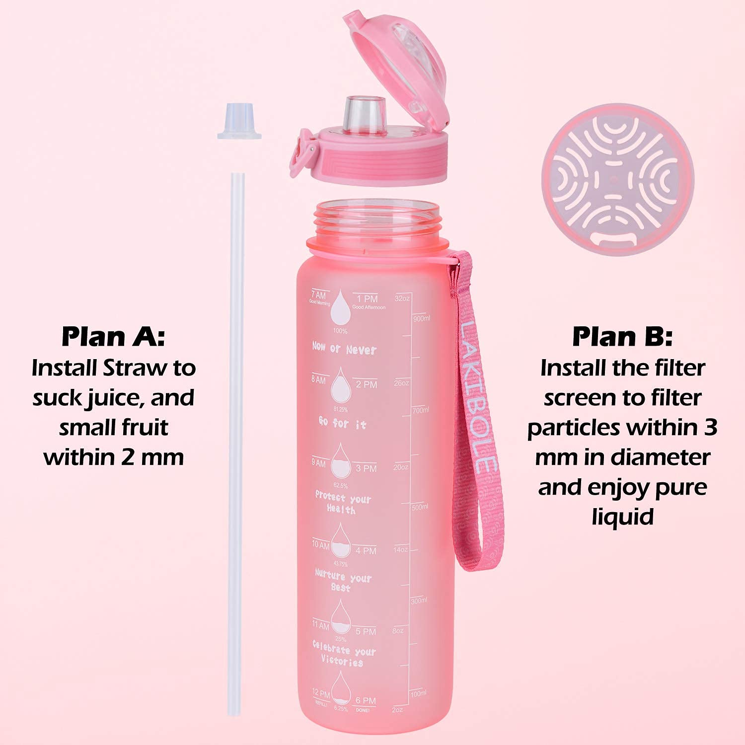 LAKIBOLE 32 oz Water Bottle with Time Marker with Straws, Time to Drink Water Bottle for Office, Gym, Home, Health Gift - Pink