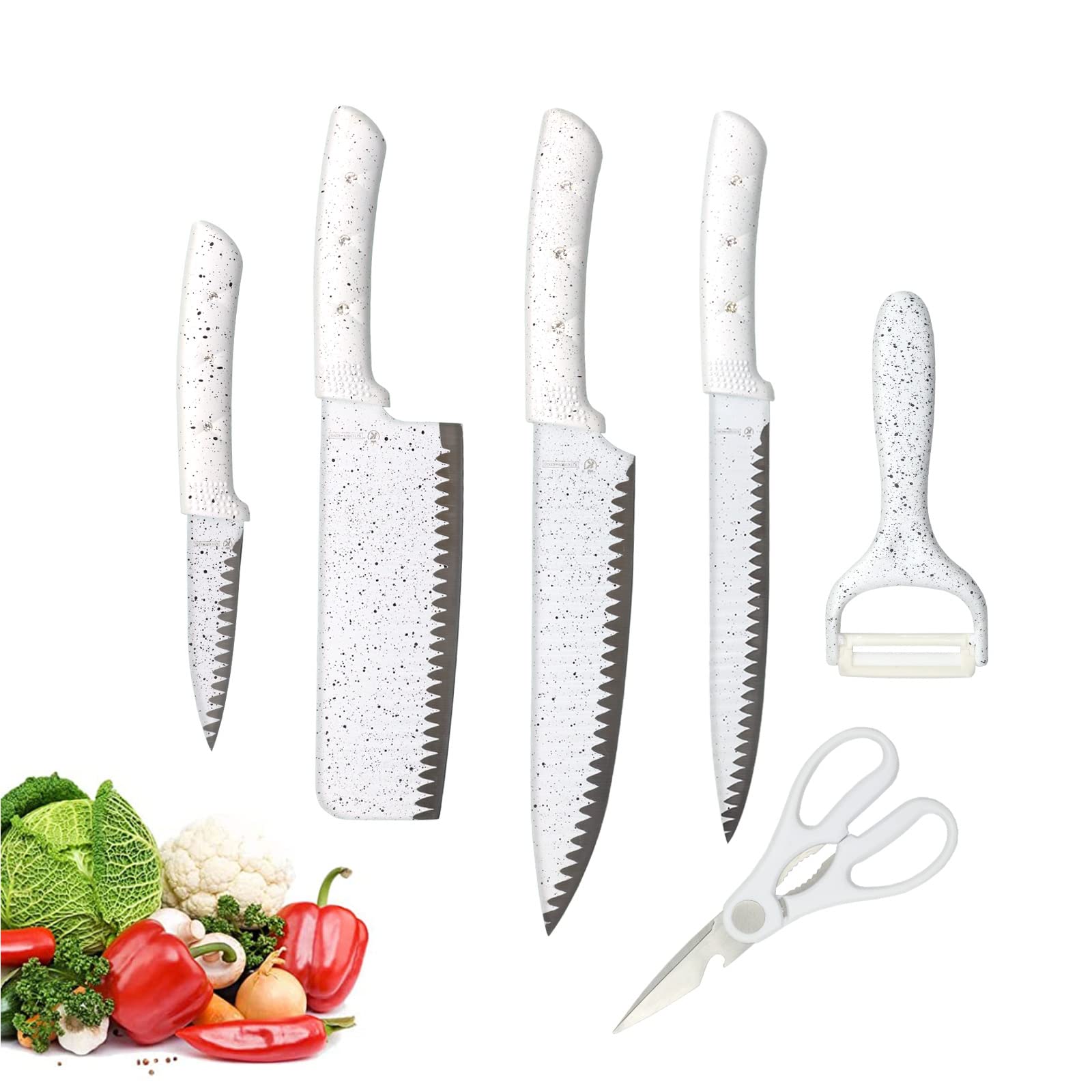 RETROSOHOO Kitchen Knife Set, 6 PC Ripple Stainless Steel Sharp Chef Knife Set with Scissors and Peeler, Non-Stick Knife Set with Non-Slip Diamond Handle Perfect for Kitchen Restaurant Home (White)