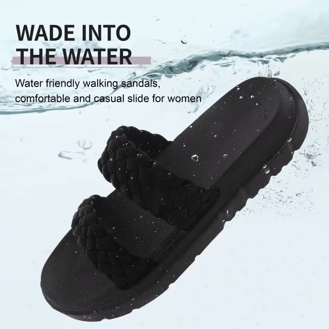 MEGNYA Soft Walking Thickening Sandals for Cushion, Womens Open Toe Ankle Strap Slides, Lightweight Platform Sandals for Poolside, Relaxed fit Black Size 8