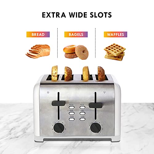 Kenmore 4-Slice Toaster, White Stainless Steel, Dual Controls, Extra Wide Slots, Bagel and Defrost Functions, 9 Browning Levels, Removable Crumb Trays, for Bread, Toast, Muffin, Toaster Strudelā¦