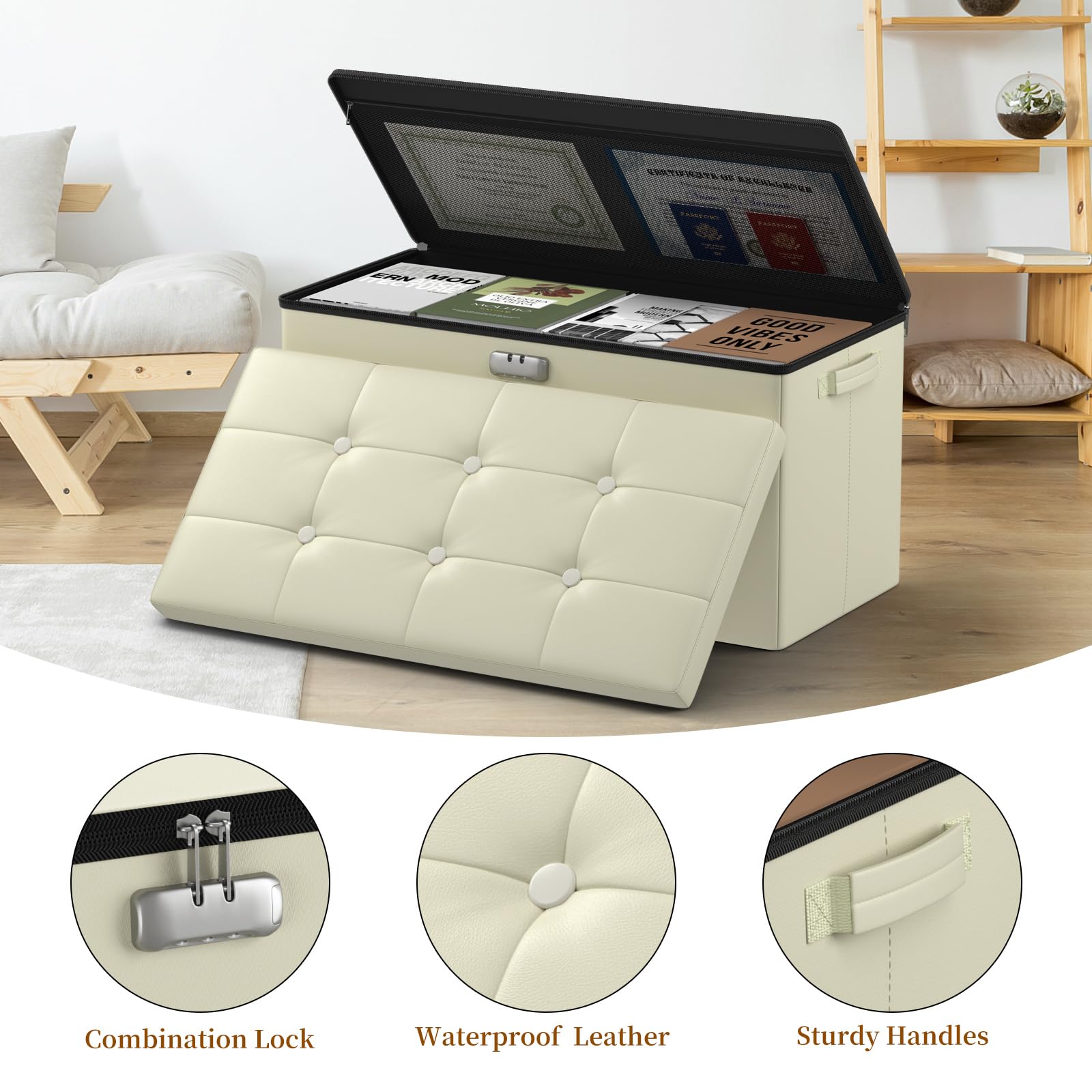 JHSafer 30 Inches Folding Storage Ottoman Bench, Fireproof Storage Chest Foot Rest Stool with Lock, Storage Bench with Handle for Bedroom, Leather Ottoman with Storage for Living Room Hallway, Black