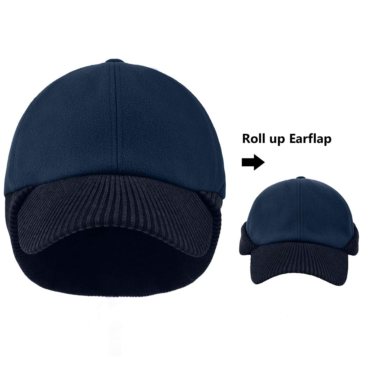 LCZTN Wool Winter Baseball Cap with Warmer Earflap for Men & Women Outdoor Ski Visor Beanie Hat (Navy Blue)