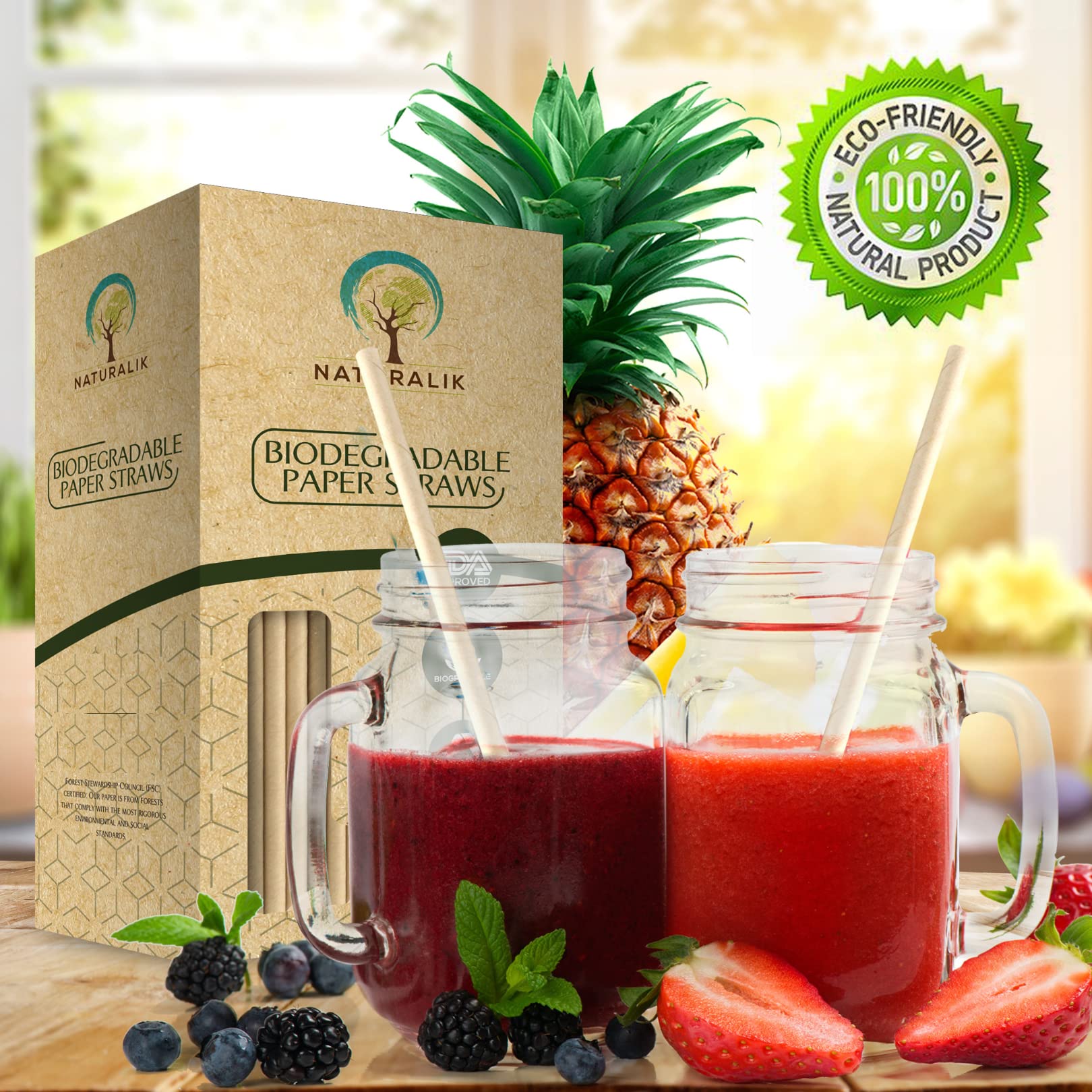 Naturalik 1000-Pack Sturdy Biodegradable Paper Straws Heavy-Duty, Dye-Free, Eco-Friendly Sturdy Paper Straws Bulk Drinking Straws for Smoothies, Restaurants and Party Decorations 7.7" (Brown, 1000pc)