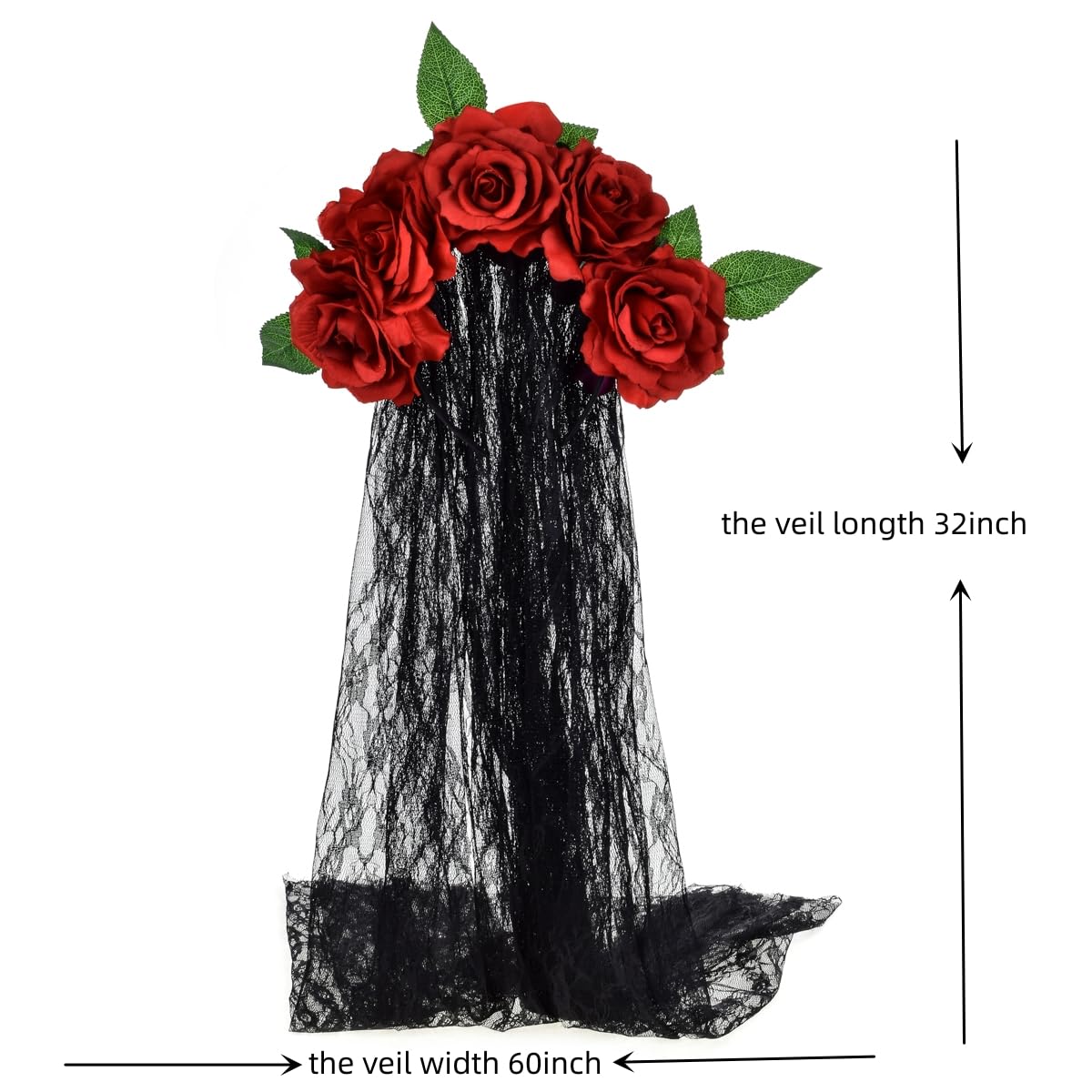 June Bloomy Day of the Dead Headpiece Rose Floral Crown Veil Halloween Costume Mexican Headband (Burgundy)
