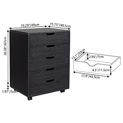 Knocbel Mobile Storage Cabinet with 5 Drawers, Home Office Rolling File Cabinet on Wheels, 19.2" L x 15.9" W x 26.3" H (Black)