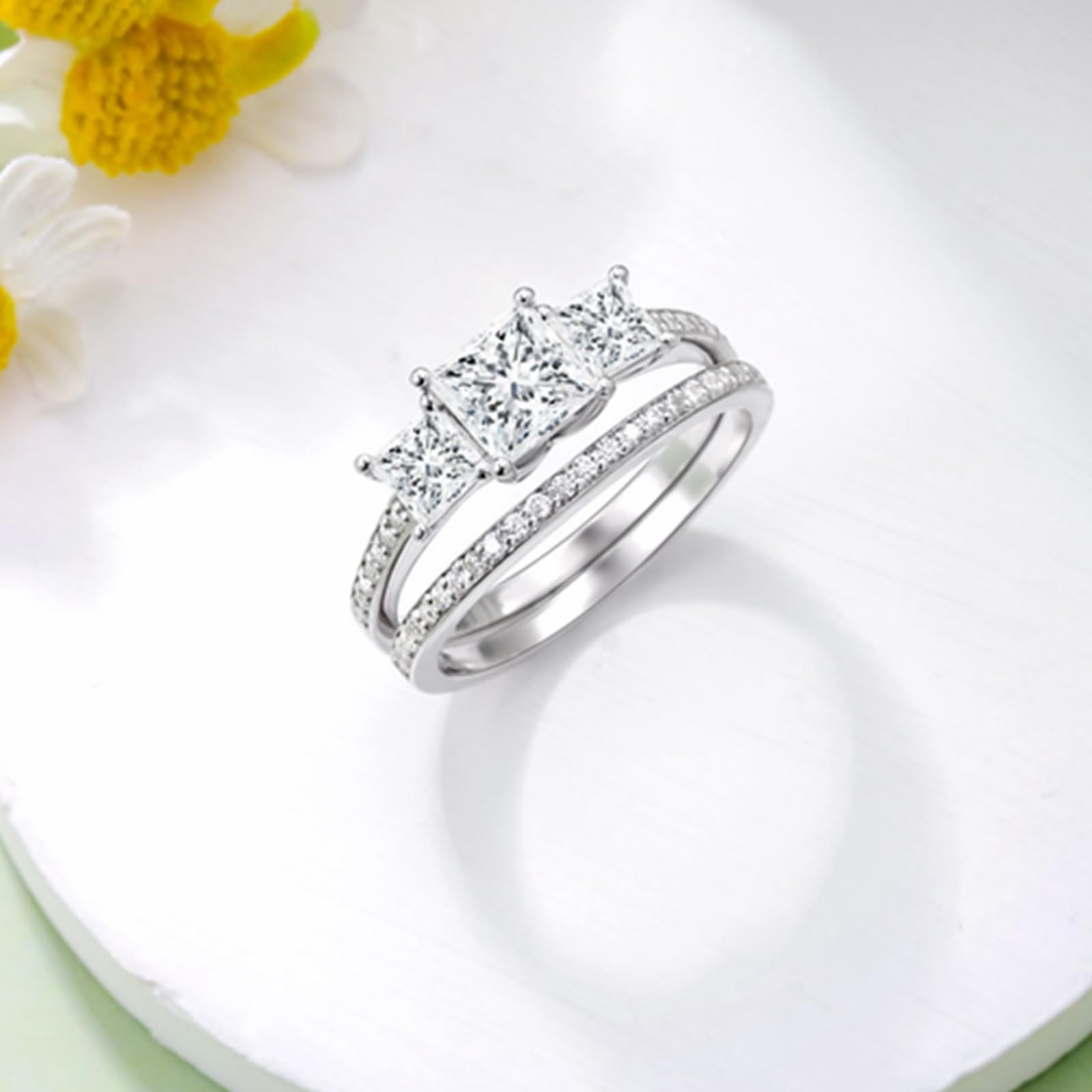 Princess Cut Wedding Ring Set for Women White Gold 3 Stone Moissanite Bridal Ring Set Engagement Ring Set 10K 14K 18K Gold Anniversary Promise Rings for Her with Text Engraving(10K