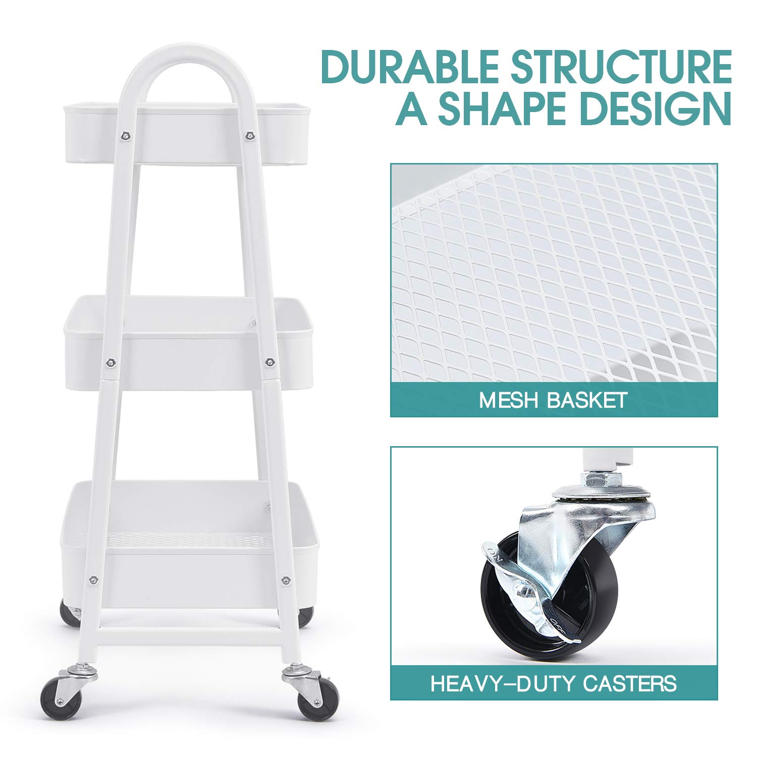 KINGRACK 3-Tier Rolling Cart, White, Sturdy Steel Frame, Easy Assembly, 3 Large Baskets, Ideal for Office, Kitchen, Bathroom Storage
