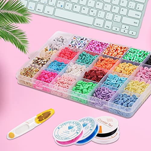 LanM Epoch 4020 Pcs Clay Beads,18 Colors Flat Clay Beads Kit with 100 Alphabet Beads,20 Smiley Beads,20 Loving Beads and 4 Roll Elastic Strings for DIY Jewelry Making Earring Bracelets Necklace (6mm)