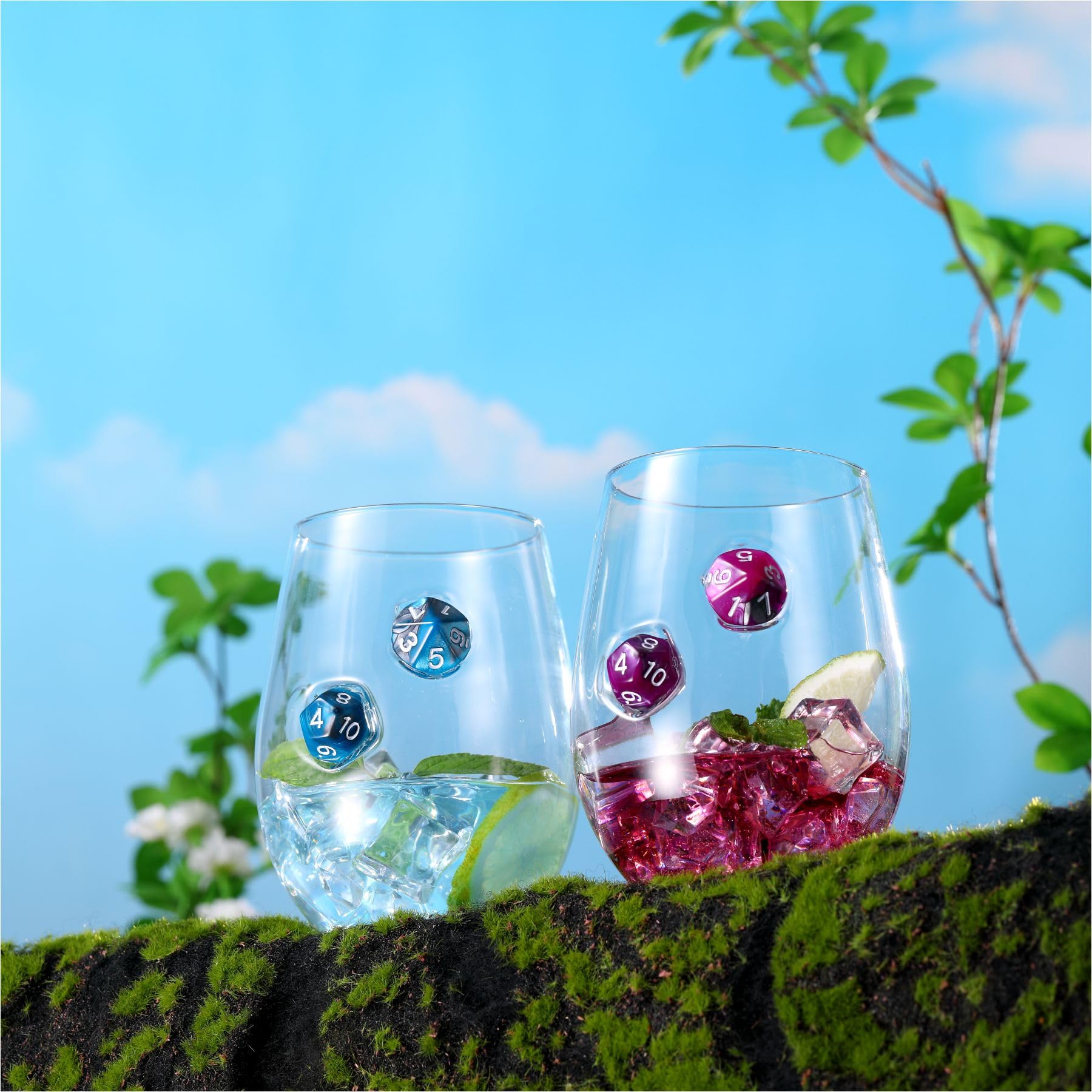 LIIGEMI Stemless Wine Glass with DND Dice Embedded, Handmade Red Wine Glasses, Drinking Glasses, 18.5 oz,Set of 2,Gift for D&D or RPG Player (Purple)