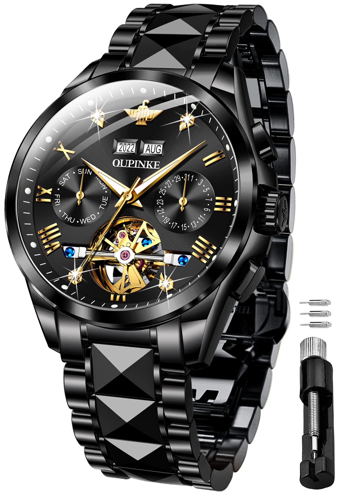 OUPINKE Black Men Automatic Mechanical Wrist Watches Luxury Dress Tungsten Steel Luminous Waterproof Sapphire Diamond Calendar Best Gifts Men