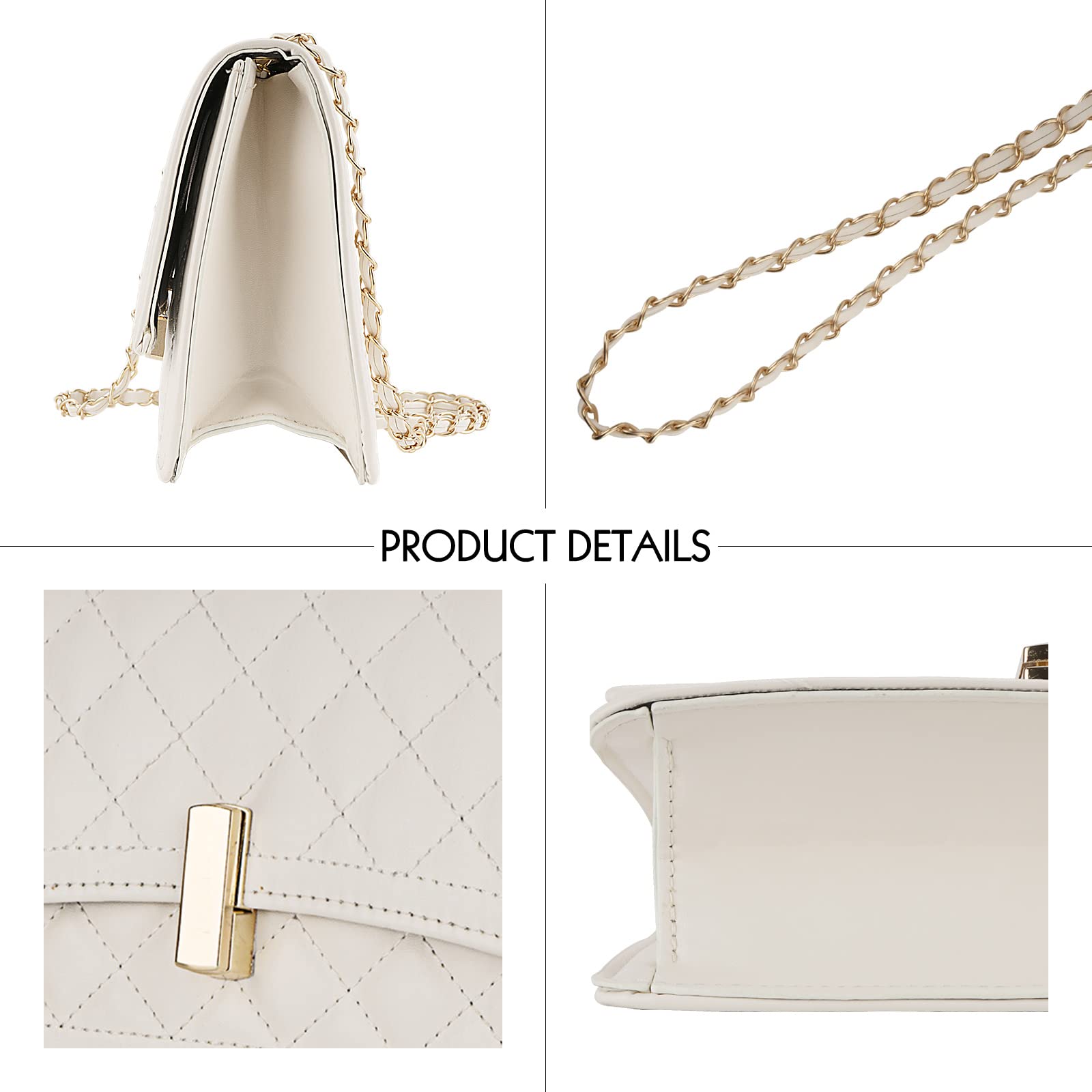 Quilted Bag Purse for Women with Chain Strap, Vegan Leather Small Crossbody Messenger Handbag Shoulder Bag, White