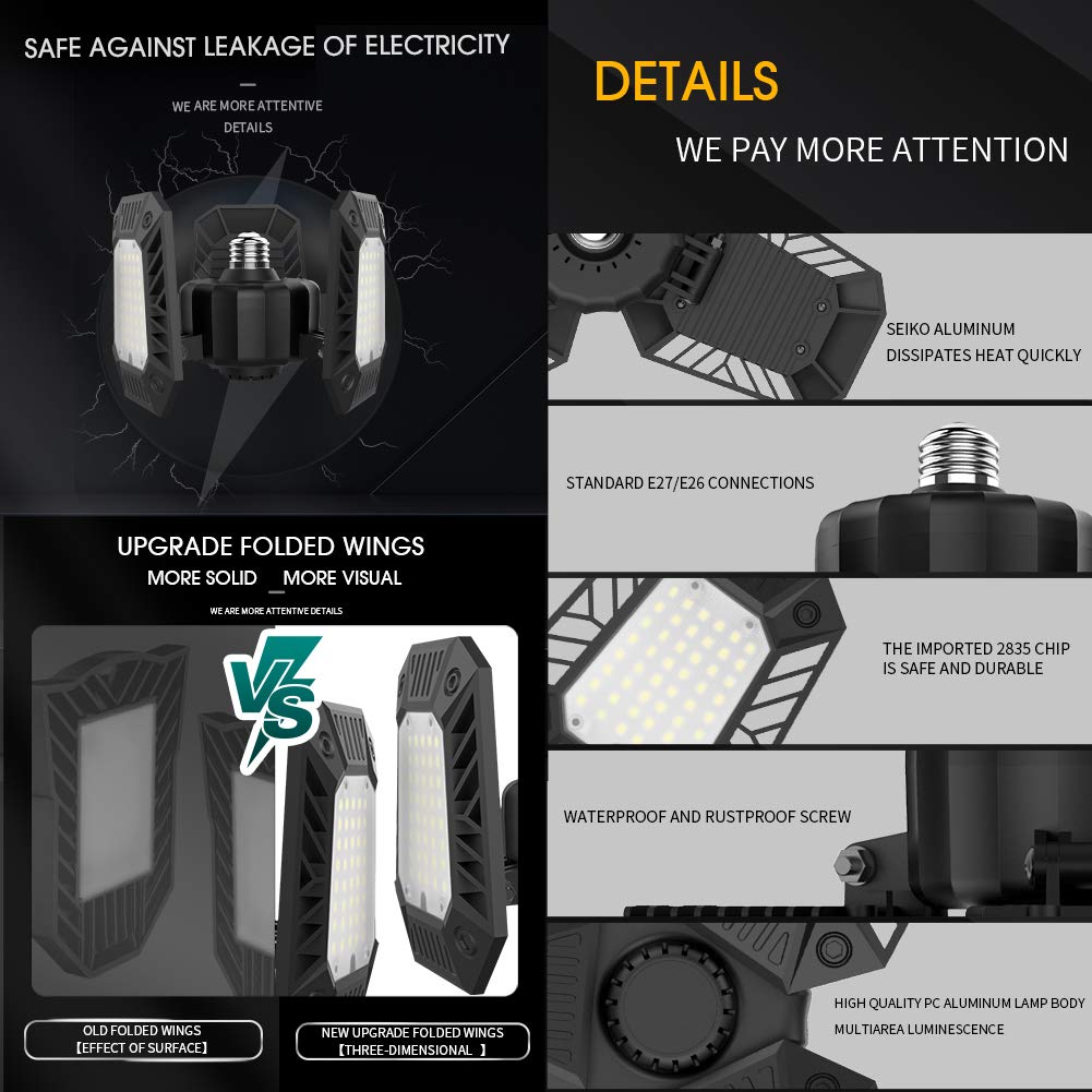 LED Garage Light,60W E26/E27 6000LM Deformable Bay Lighting,Led Shop Light with 3 Adjustable Aluminum Panels,6000K Daylight Garage Light for Workshop Basement Storage and Barn