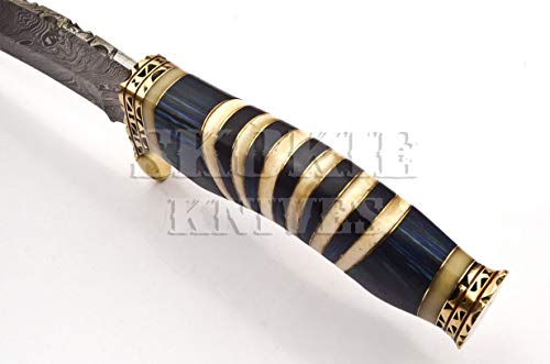Skokie Knives Custom Hand Made Damascus Steel Hunting Knife Handle Original Camel Bone with Brass Spacer and Pakka Wood A Perfect Grip for Hunters