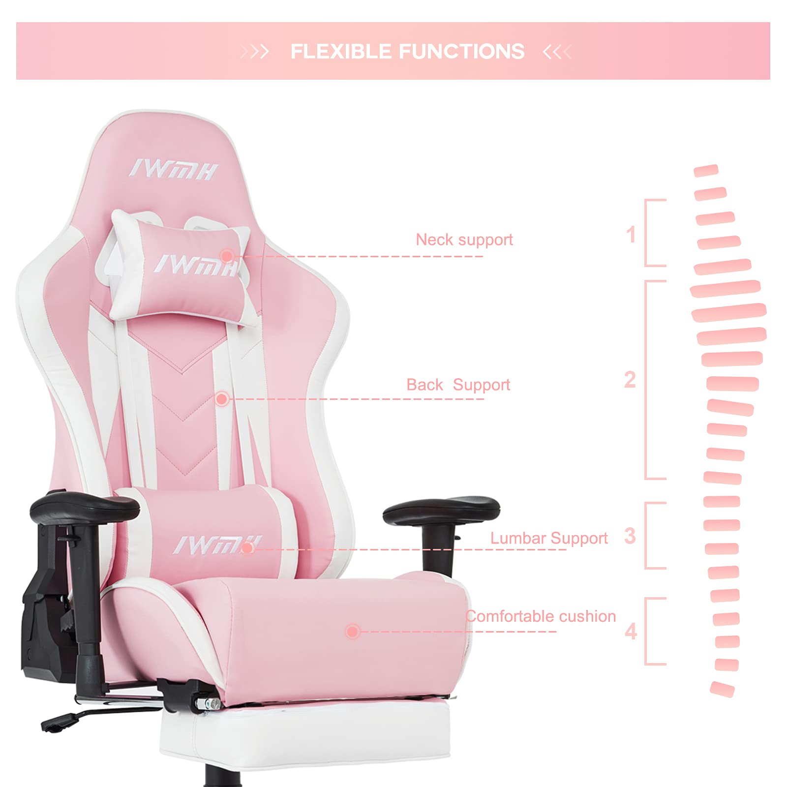 IWMH Gaming Chair with Footrest Ergonomic, High Back Reclining Computer Desk Chair for Home Office, Adjustable Leather Racing Chair with Headrest Lumbar Support (Pink)