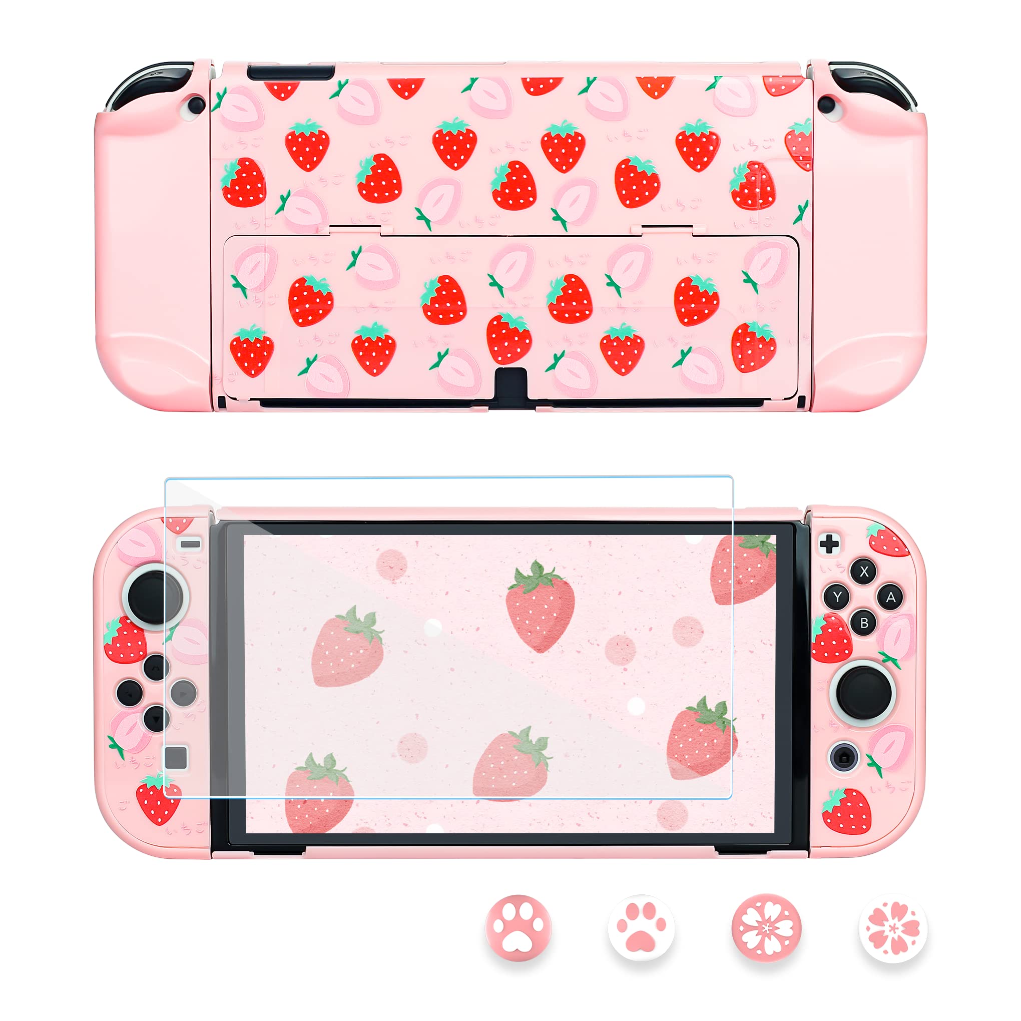 RHOTALL Strawberry Case for Nintendo Switch OLED, Pink Protective Shell Compatible with Switch OLED Console and Joycon, Cute Accessories for Switch OLED with Screen Protector and 4 Thumb Caps