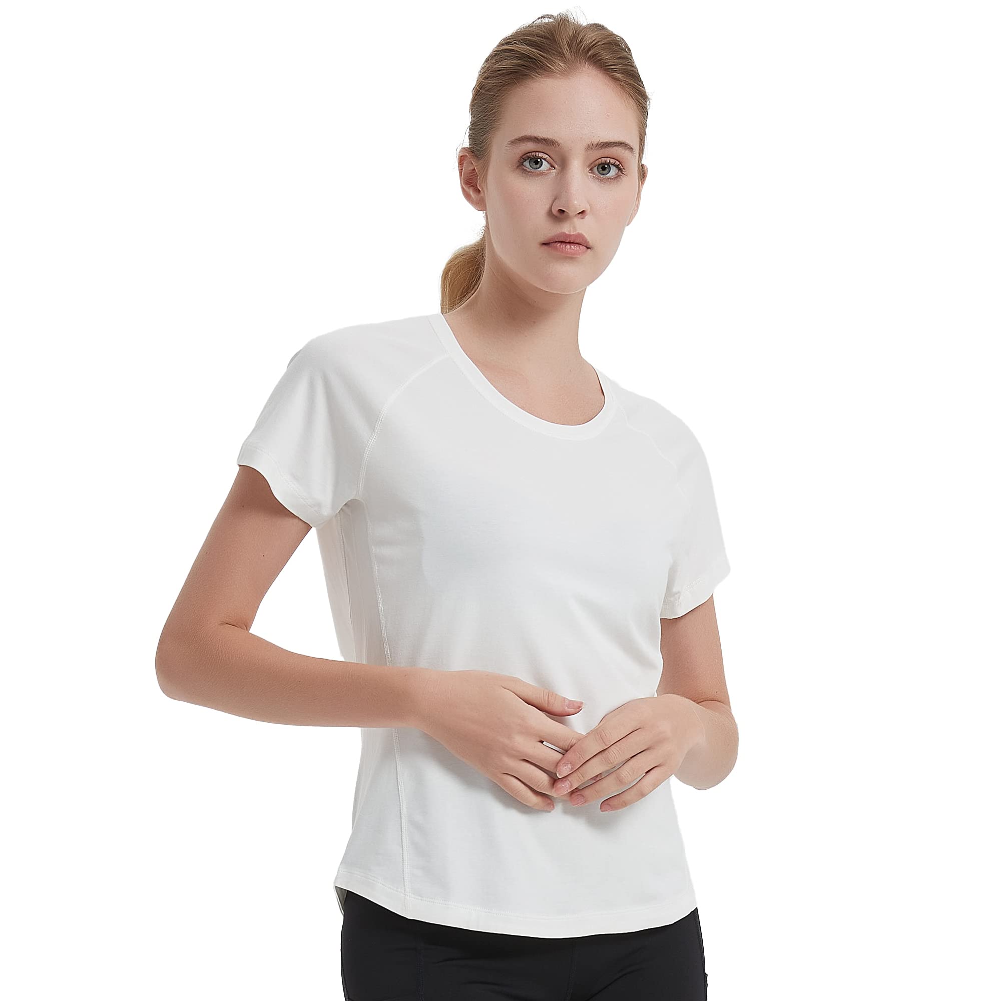 netdraw Women's Ultra-Soft Bamboo Workout T-Shirt Seamless Yoga Running Gym Athletic Casual Short Sleeve Tops(White, Medium)