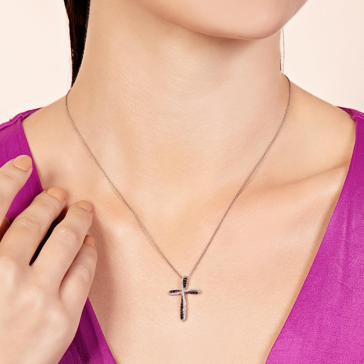 Jewelili Sterling Silver Cross Pendant Necklace with Treated Black and Natural White Round Diamonds, 1/3 cttw, 18" Rolo Chain