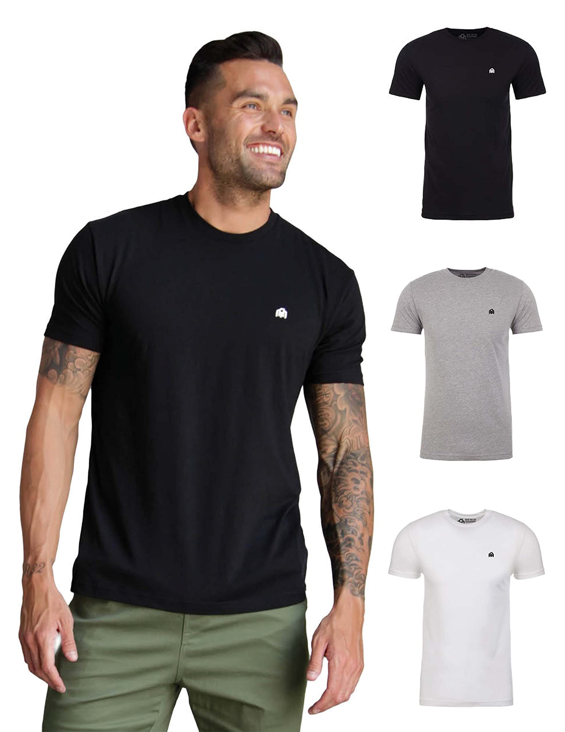 INTO THE AM Men's Fitted Crew Neck Logo Basic Tees 3-Pack - Modern Fit Fresh Classic Short Sleeve T-Shirts for Men (Black/Grey/White, Large)