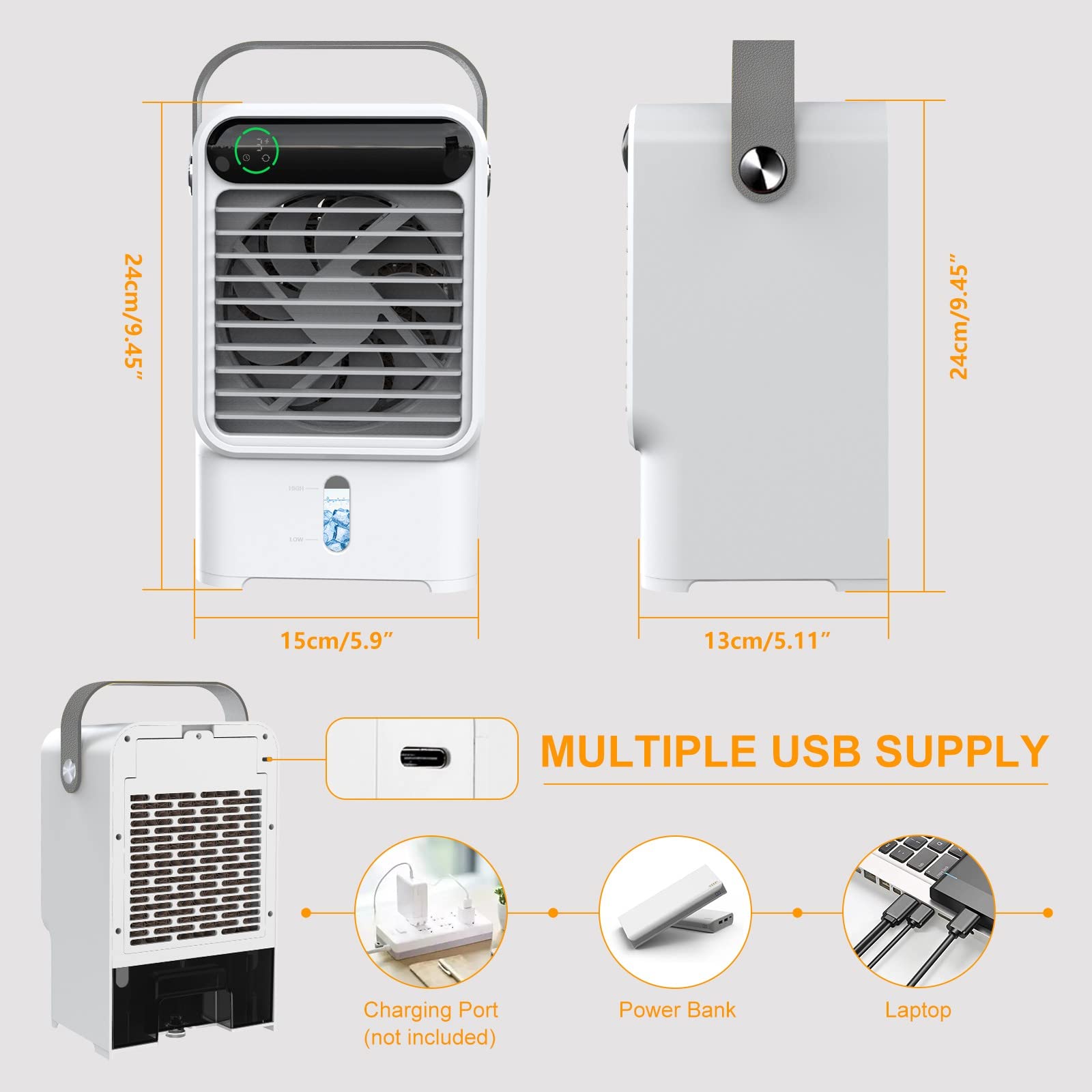 Portable Air Conditioner, 4 in 1 Evaporative Personal Air Cooler with 3 Wind Speeds, Quiet Mini Air Conditioner with Handle/LED Light/Humidifier/Timing Function for Home, Office and Room