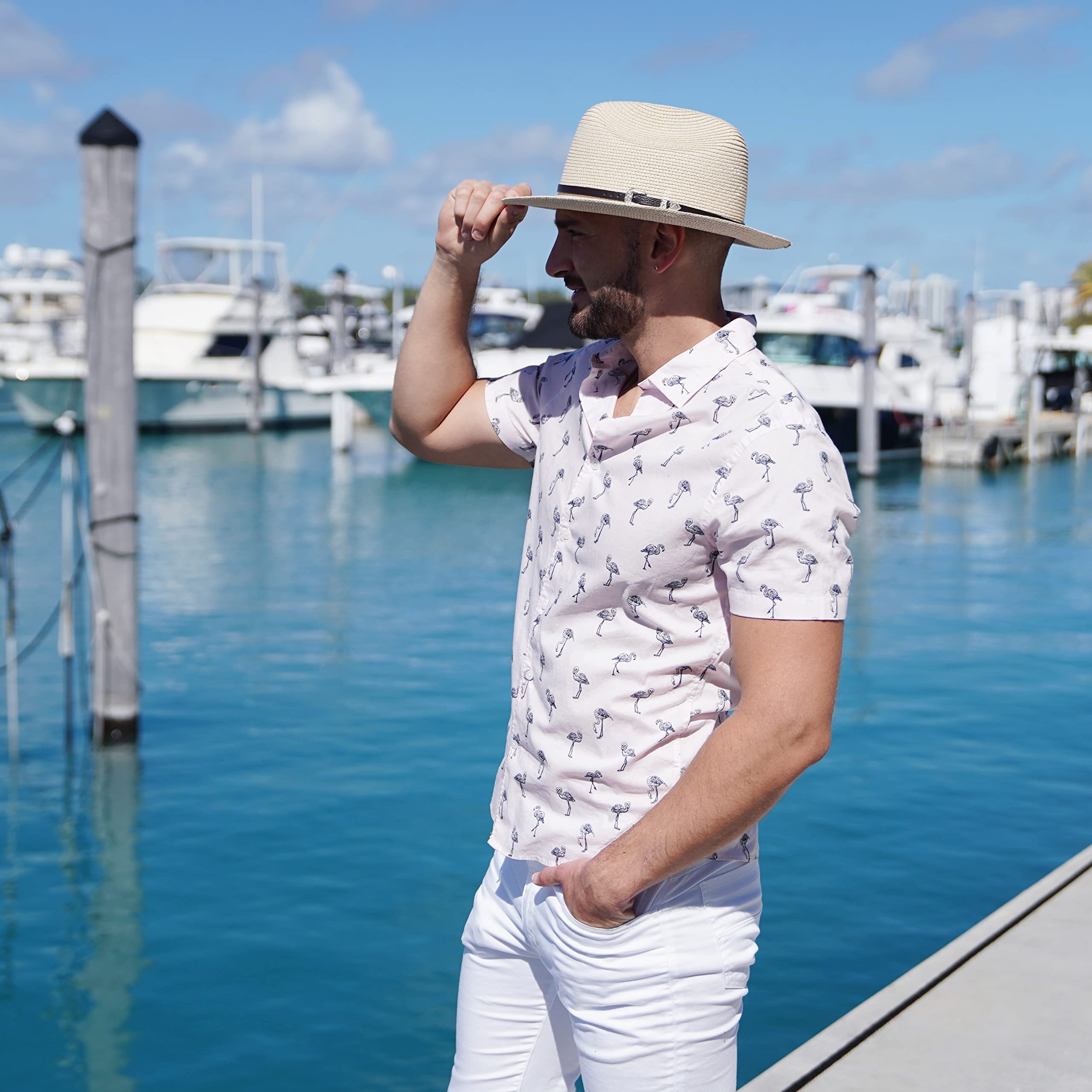Lanzom Women Men Wide Brim Beach Sun Straw Hat UPF50 Travel Foldable Brim Summer Straw Cowboy Hat (Khaki, Large)