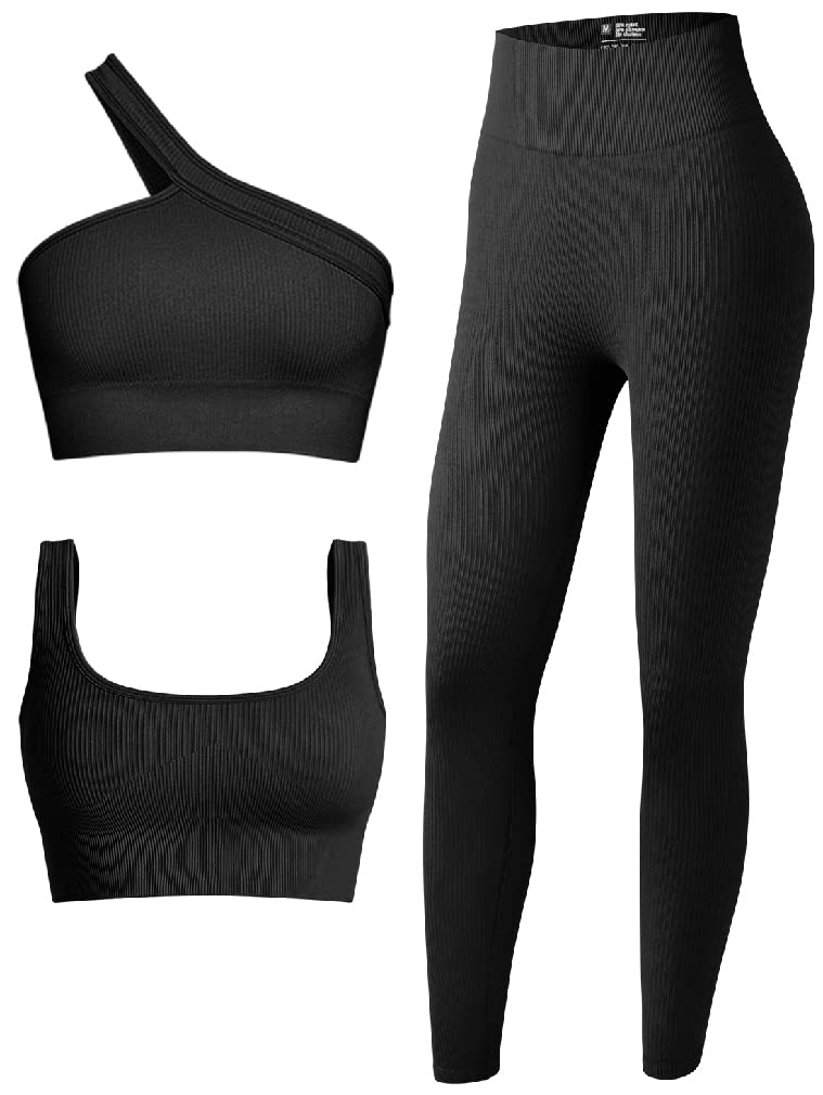 OQQ Women's 3 Piece Ribbed Seamless Exercise Scoop Neck Sports One Shoulder High Waist Legging Active Set Bra Outfit, Black, Medium