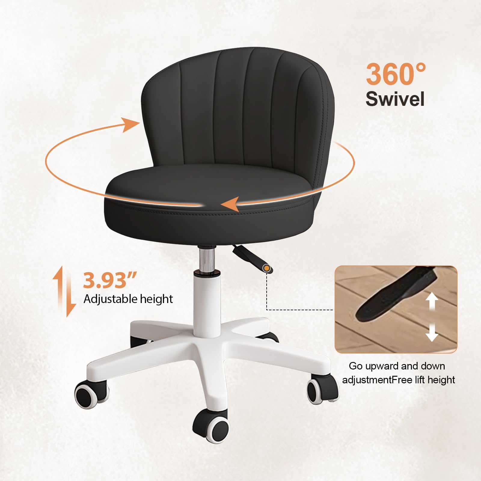 XUEGW Home Office Chair with Wheels PU Leather Swivel Drafting Chair with Back Rolling Round Stool Height Adjustable Work Task Vanity Salon Spa Stool Chair (White, 13.8 * 2 * 9.8)