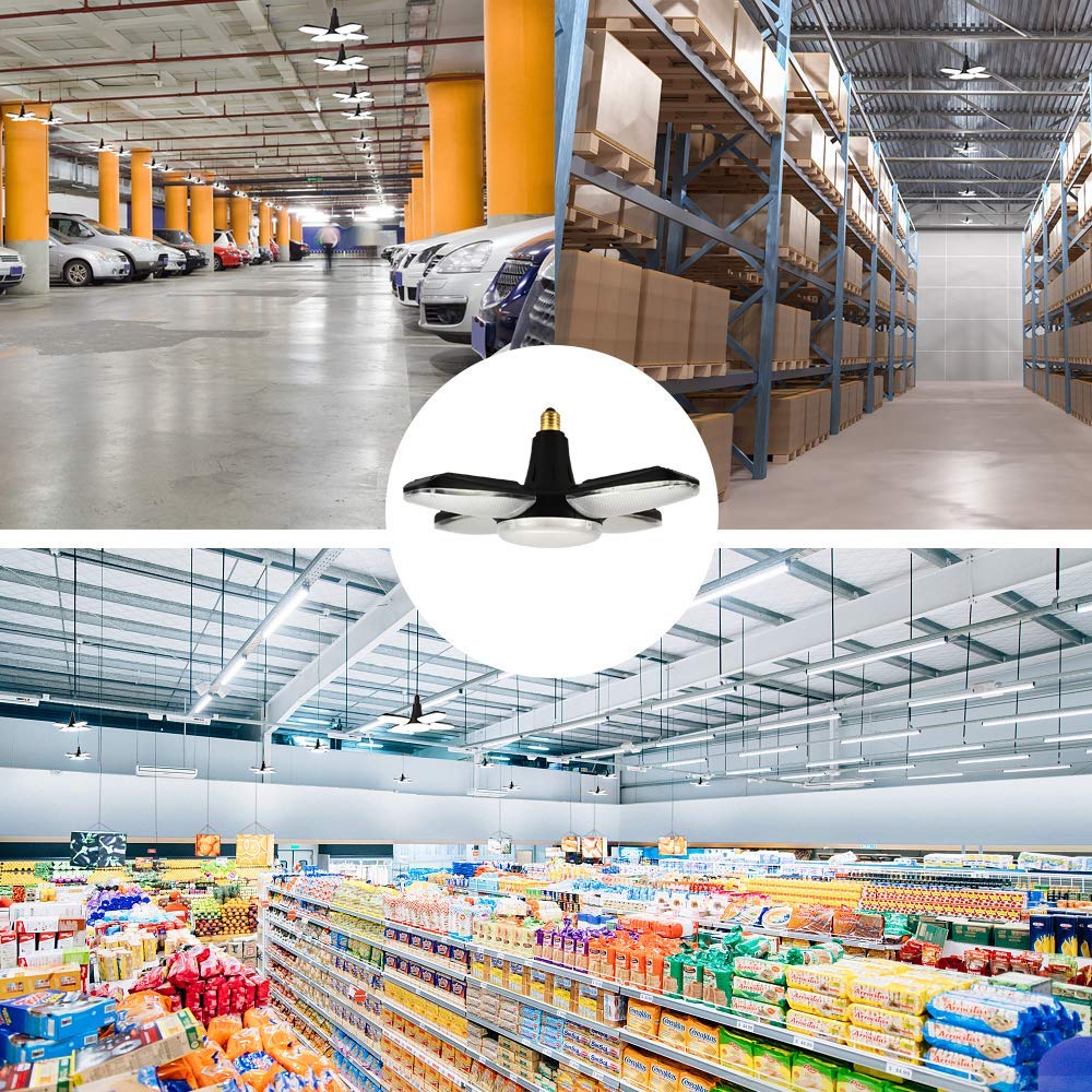 LED Garage Light, 6000K Daylight Working Lights, 5 Panels Deformable High Bay Led Shop Light, E26 Screw-in Bright Ceiling Lighting for Warehouse, Basement, 100W 14,000 LM (450W Equiv.)