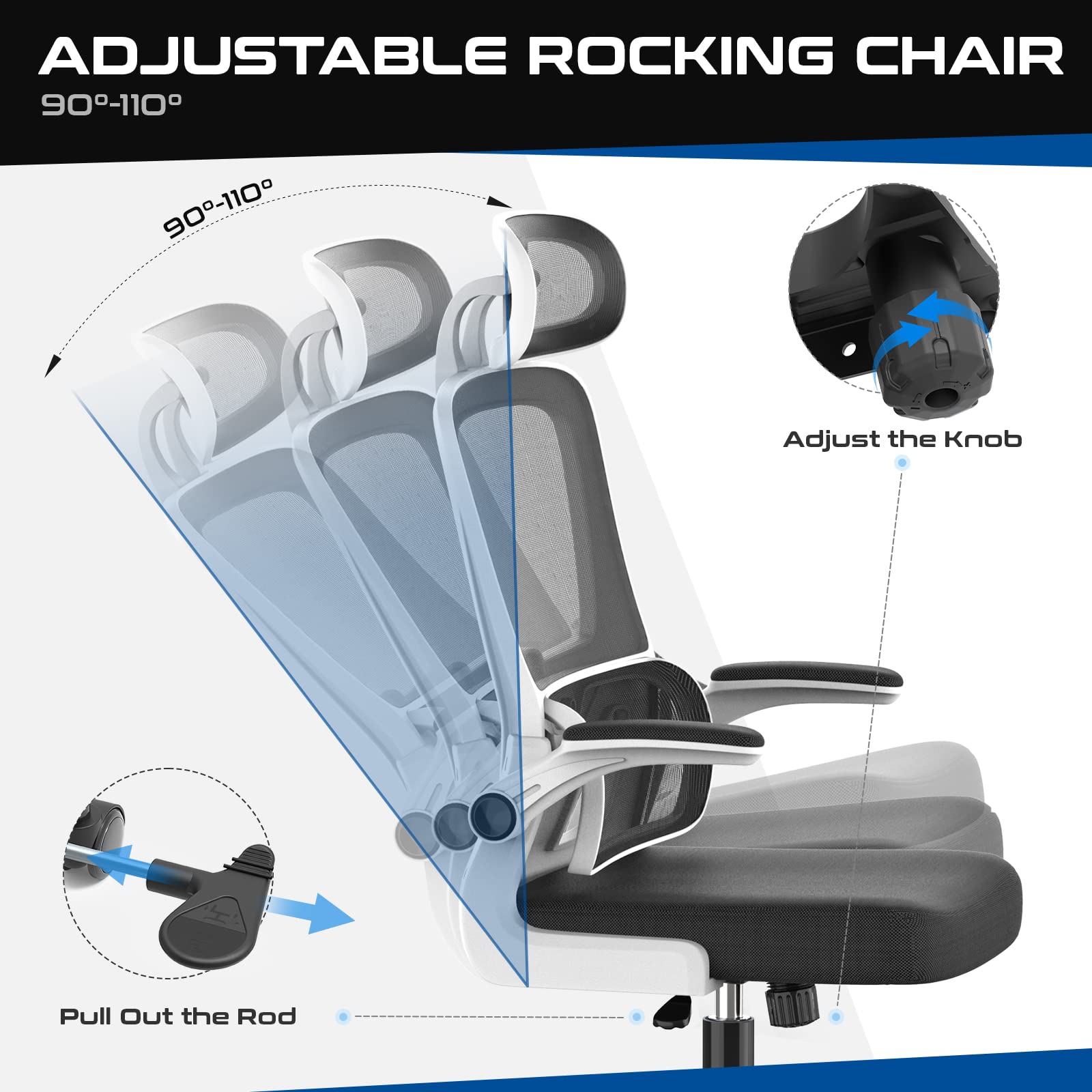 Home Office Desk Chairs Ergonomic Chair with Lumbar Support Flip Up Arms Mesh Computer Chair with Comfortable Wide Seat Adjustable Headrest (White)