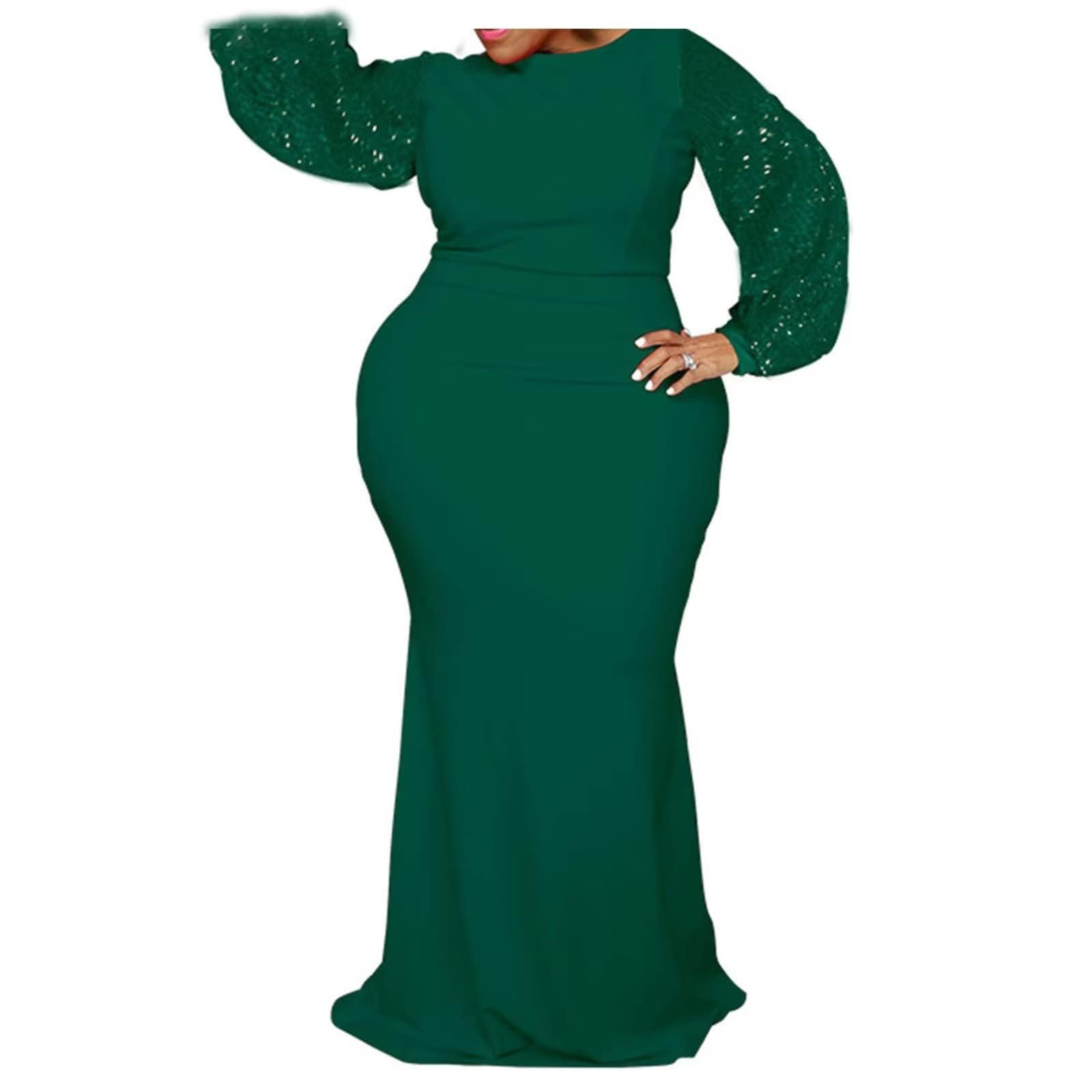 IyMoo Women's Sexy Plus Size Bodycon Sequin Long Sleeve Cocktail Evening Mixi Dresses Green 4XL