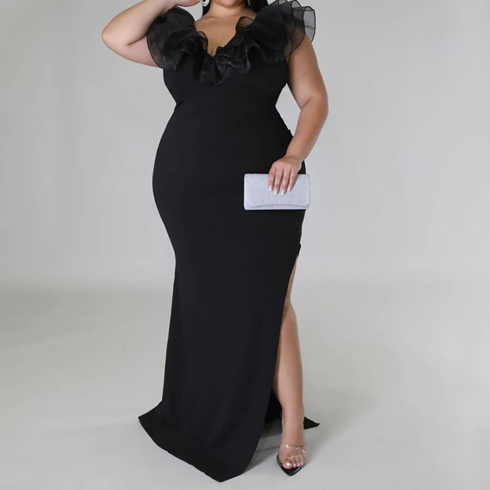 IyMoo Women's Sexy Plus Size Bodycon V Neck Ruffle Mesh Sleeve Backless Cocktail Evening Mixi Dresses Black 4XL