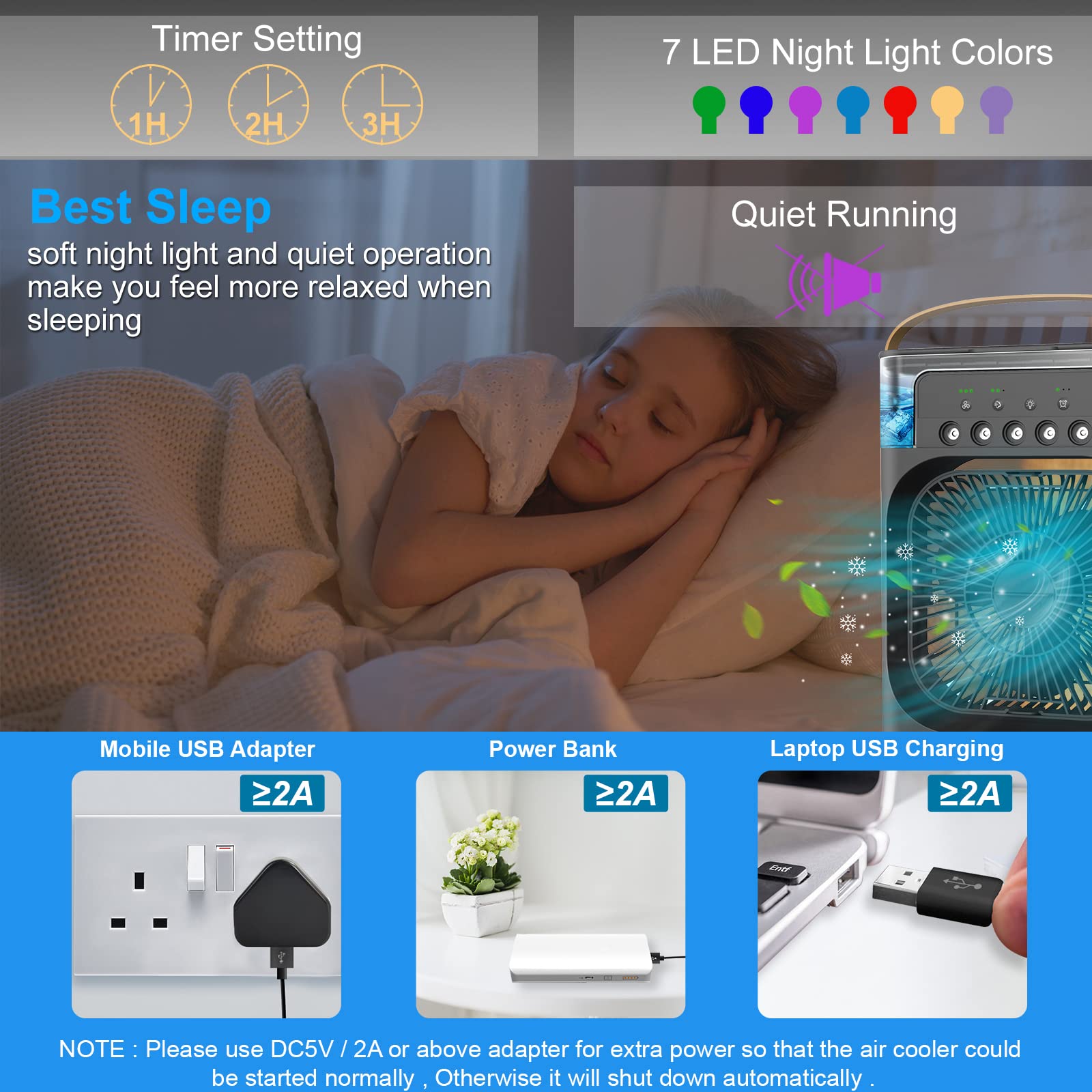 Portable Air Conditioner,Personal Air Cooler Small Quiet Evaporative with AC Adapter,Mini Humidifier Misting Fan, 1/2/3 H Timer, 3 Speeds,60°Adjustment for Office, Home, Room,Dorm,Outdoor - Black