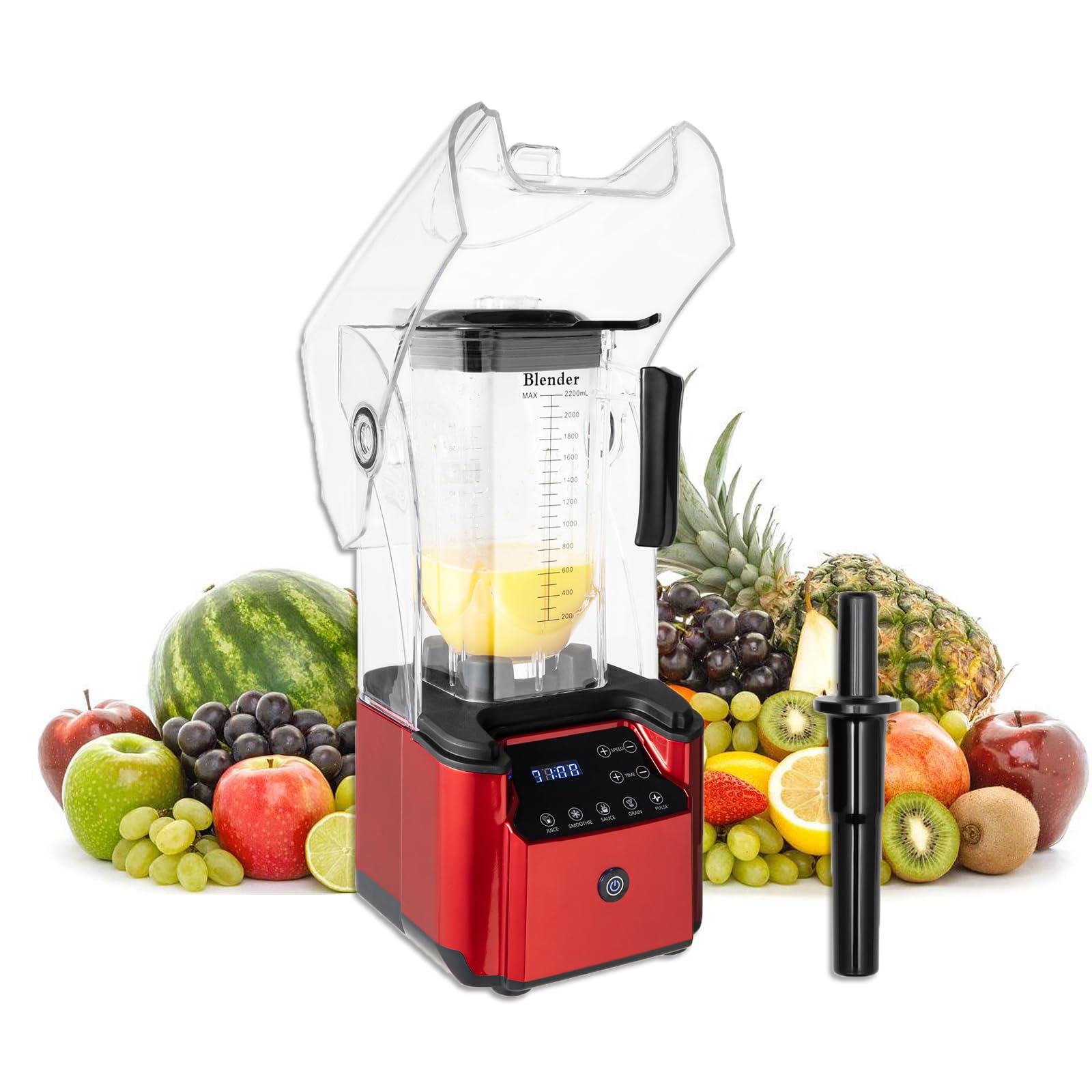 YUNLAIGOTOP Quiet Commercial Blender, 2200W Soundproof Cover Blender, Fruit Juice Smoothie Maker with Smart Touch Screen, High-Speed Blenders for Restaurants, Hotels, Homes, Parties (2.2L, Red)