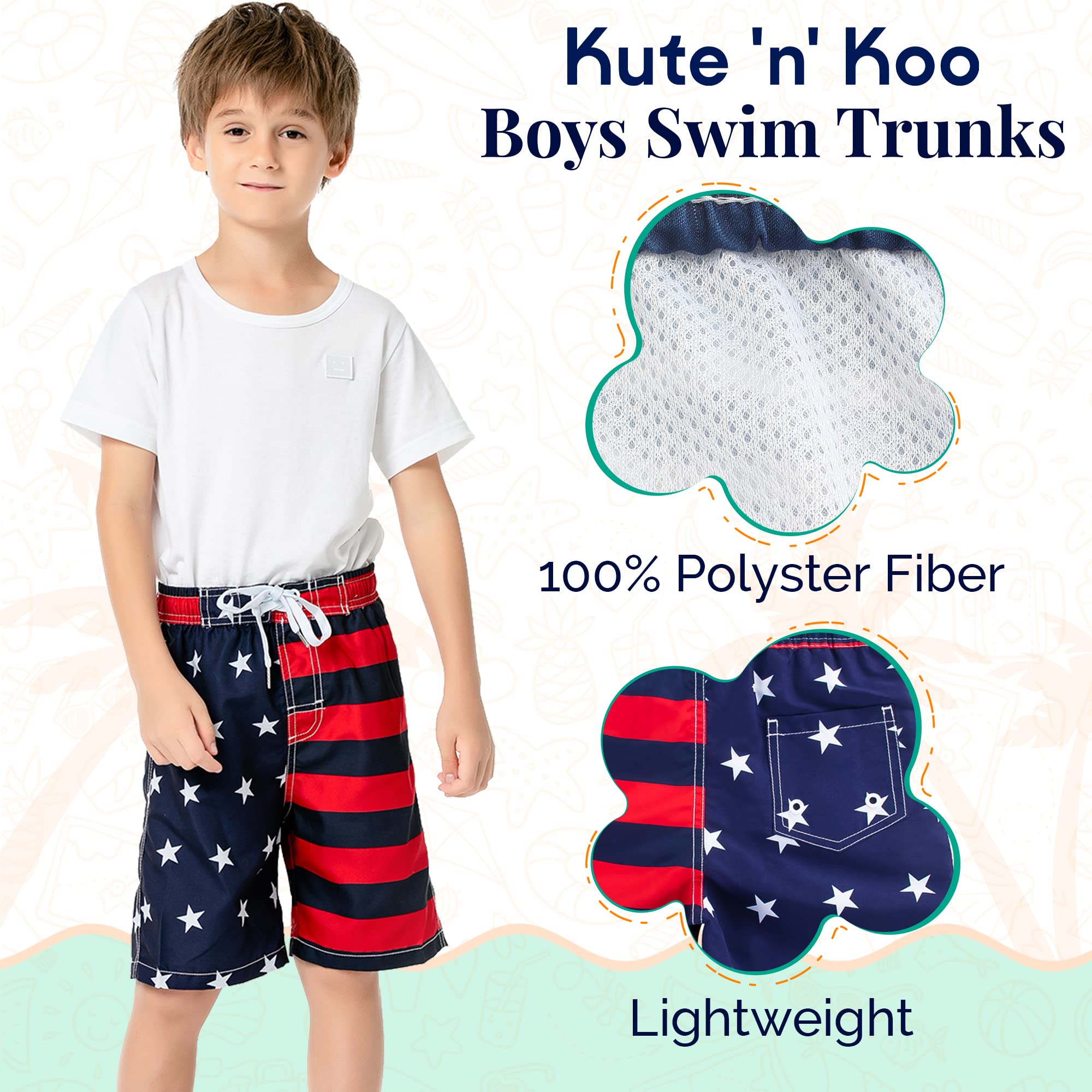 Kute 'n' Koo Boys Swim Trunks, Quick Dry Boys Boardshorts, Boys Bathing Suit Sizes from 2T to 18/20