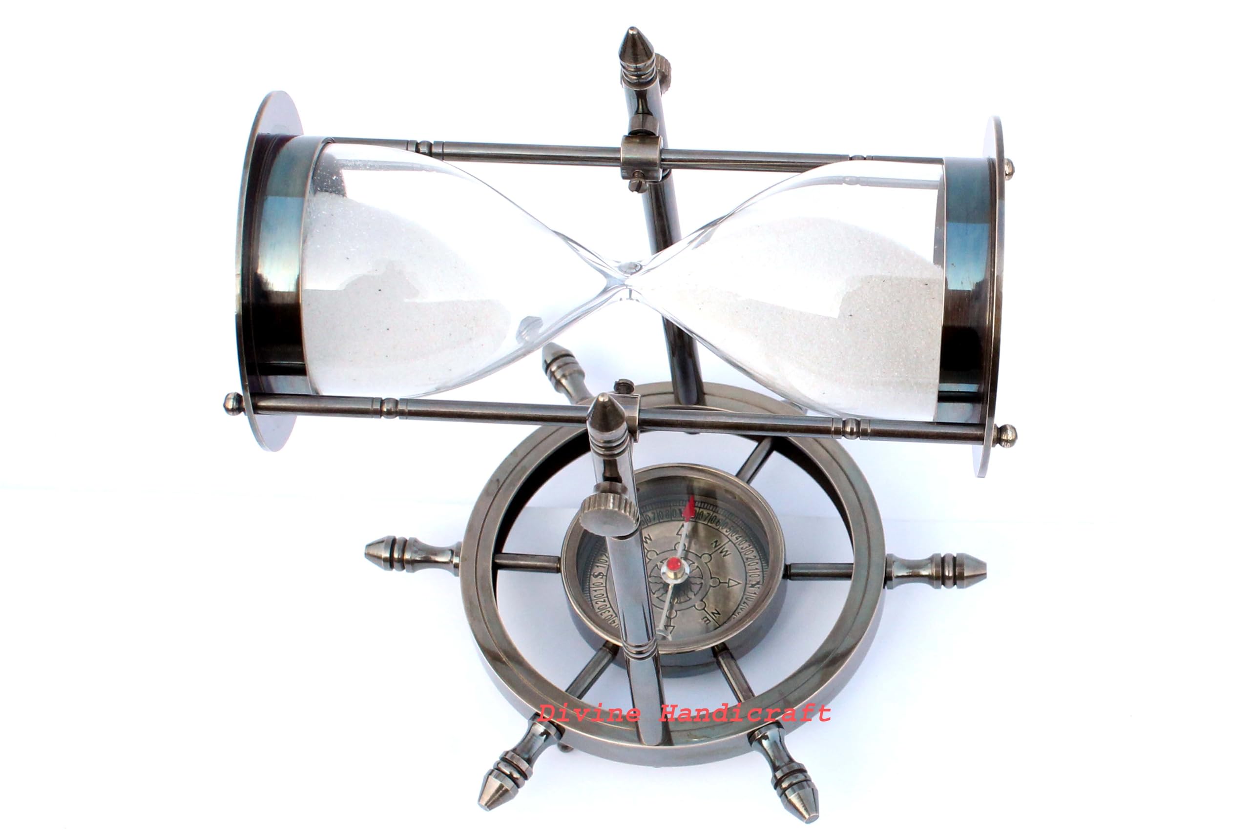 Nautical Maritime Black Antique Full Brass Sand Timer Hourglass with Wheel Compass Base