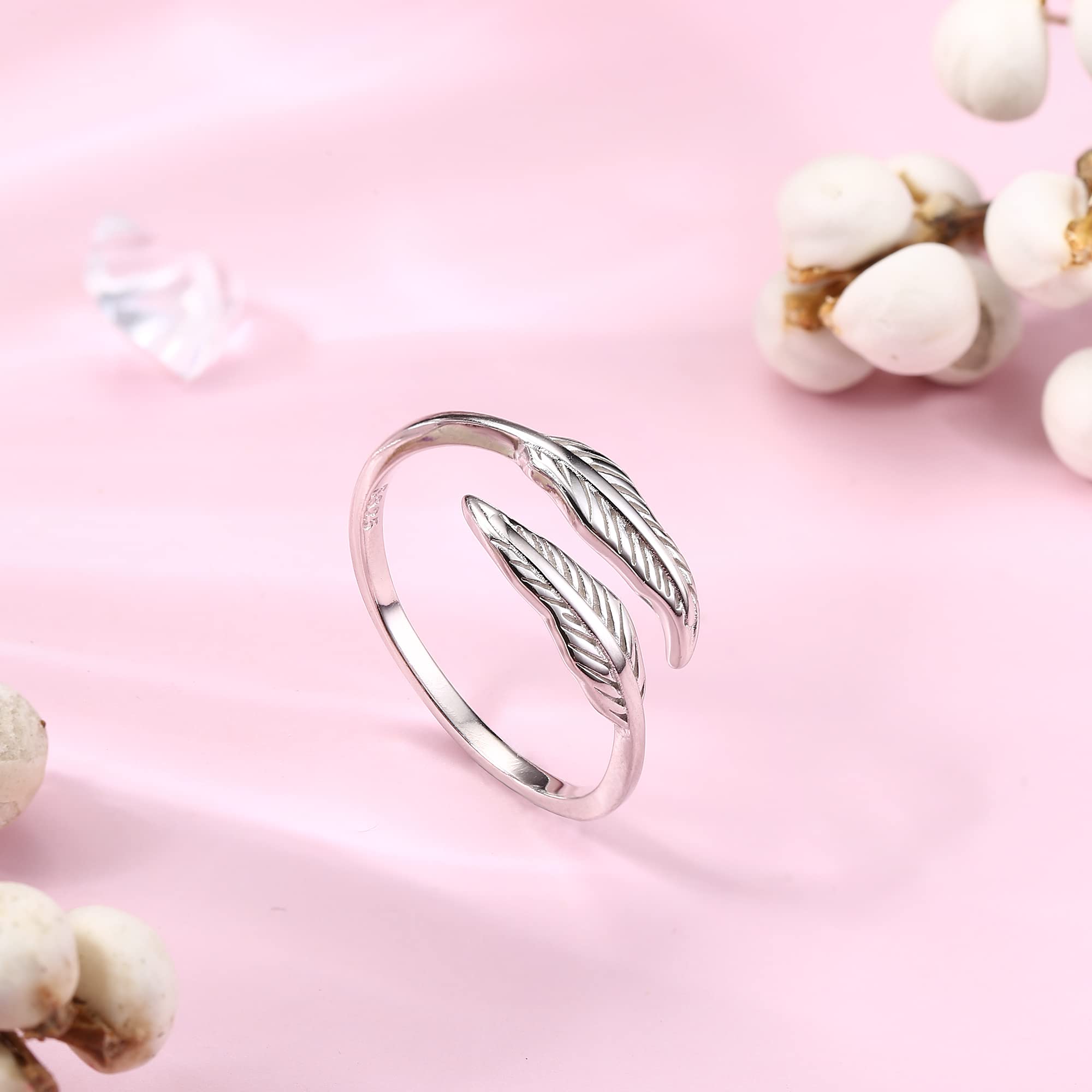 MILACOLATO 925 Sterling Silver Rings Set 18K White Gold Plated Two Row Feather Twist Eternity Band Rings Open Adjustable Stackable Knuckle Pinky Rings for Women
