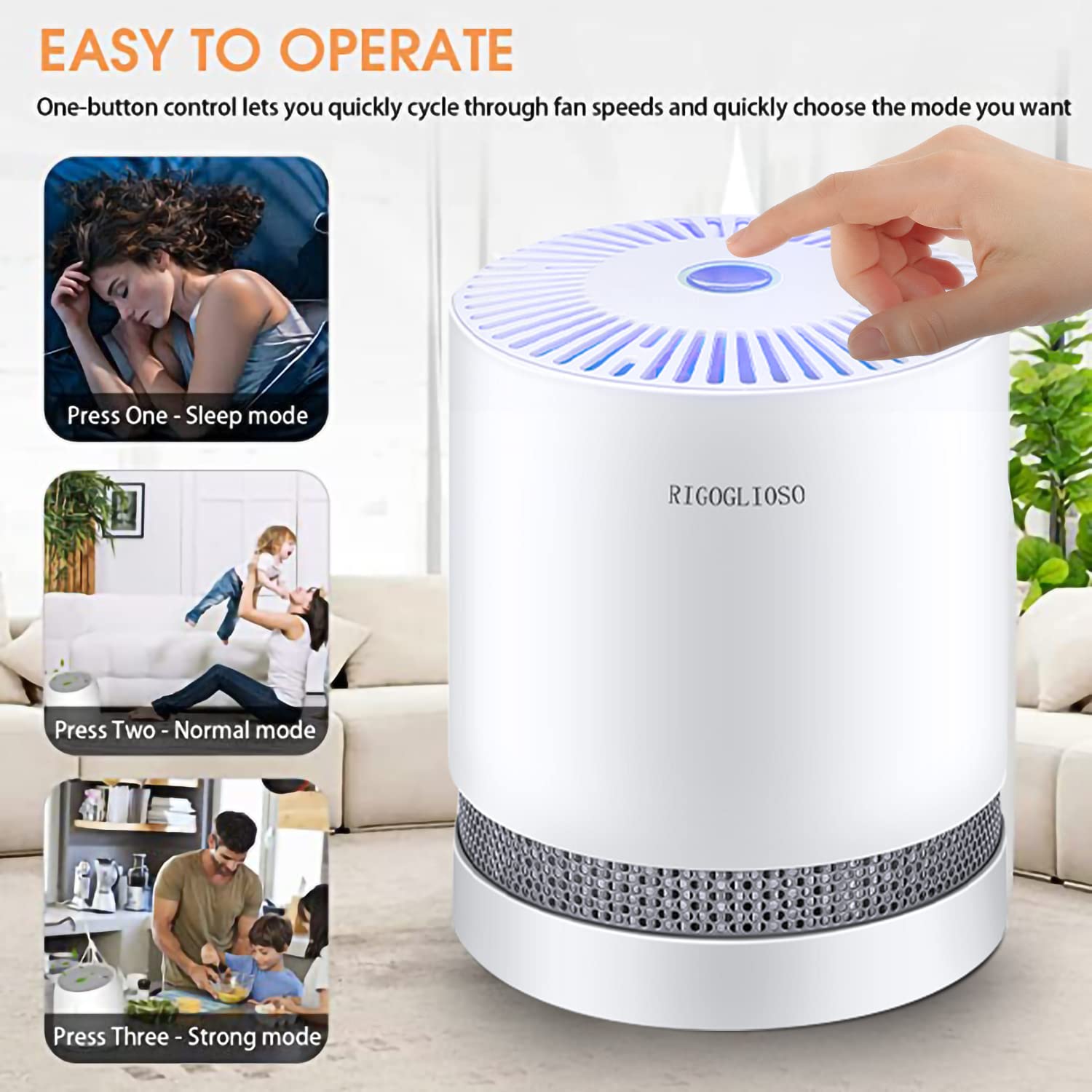 RIGOGLIOSO Air Purifier for Home with True HEPA Filters,Low Noise Portable Air Purifiers with Night Light,Desktop USB Air Cleaner