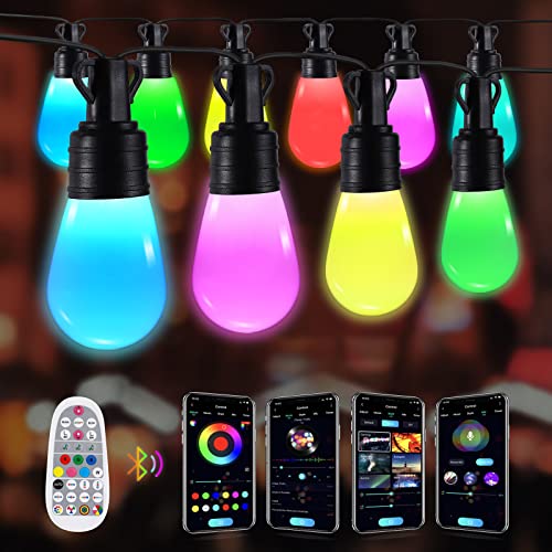 Smart Outdoor String Lights with 30 Dimmable RGB LED Bulbs, 74ft Color Changing Light Waterproof S14 Shatterproof Patio Lights with App Control & Remote for Porch Backyard Cafe Gazebo Lighting Decor