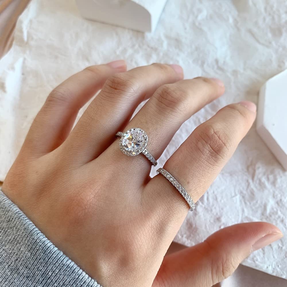 Oval Bridal Sets Wedding Ring Set for Women Platinum Plated Silver, 1Carat Center Moissanite Engagement Ring Set White Gold Anniversary Promise Rings for Her with Text Engraving(size 7