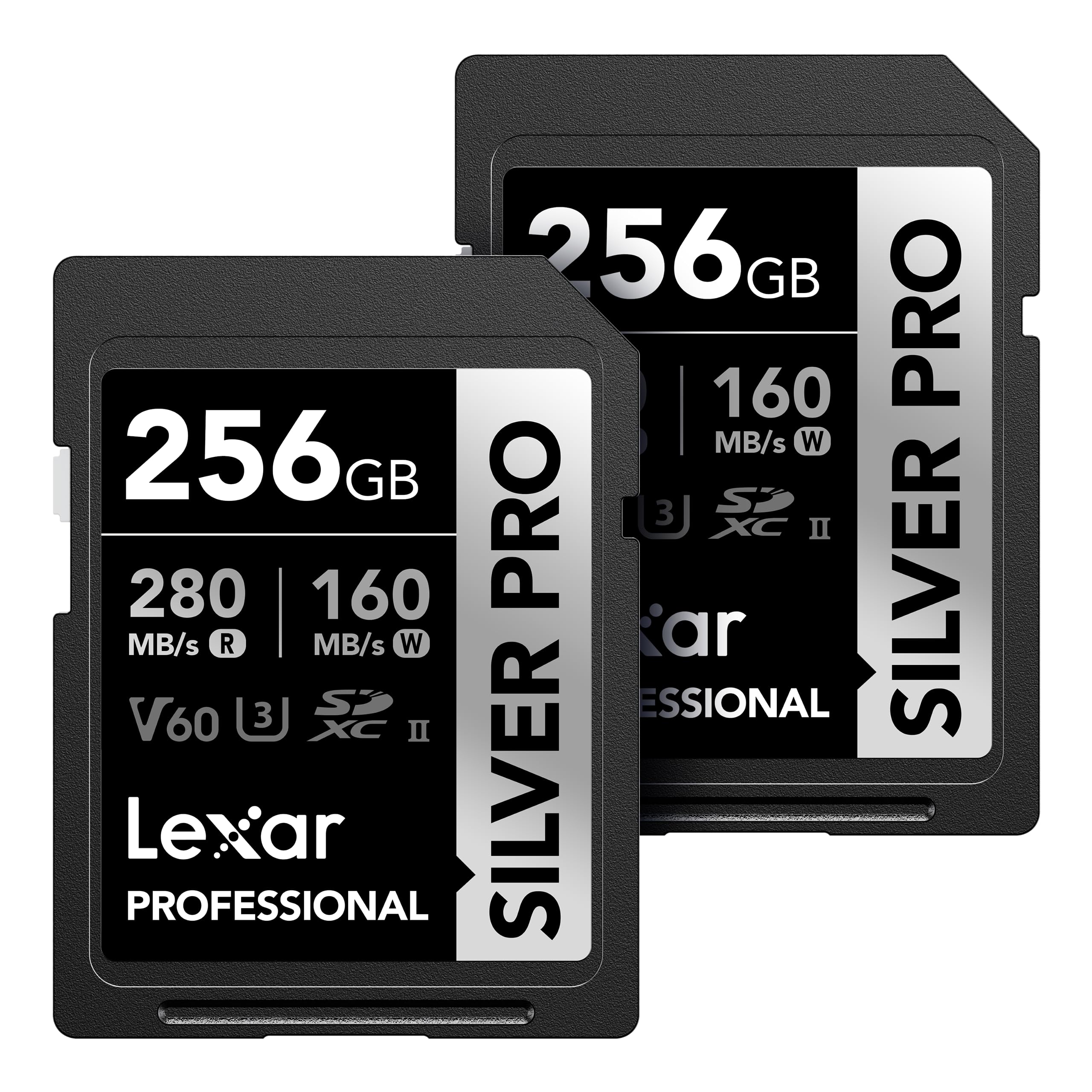 Lexar 256GB (2-PK) Professional SILVER PRO SDXC Memory Card, UHS-II, C10, U3, V60, Full-HD & 4K Video, Up To 280MB/s Read, for Professional Photographer, Videographer, Enthusiast (LSDSIPR256G-B2NNU)