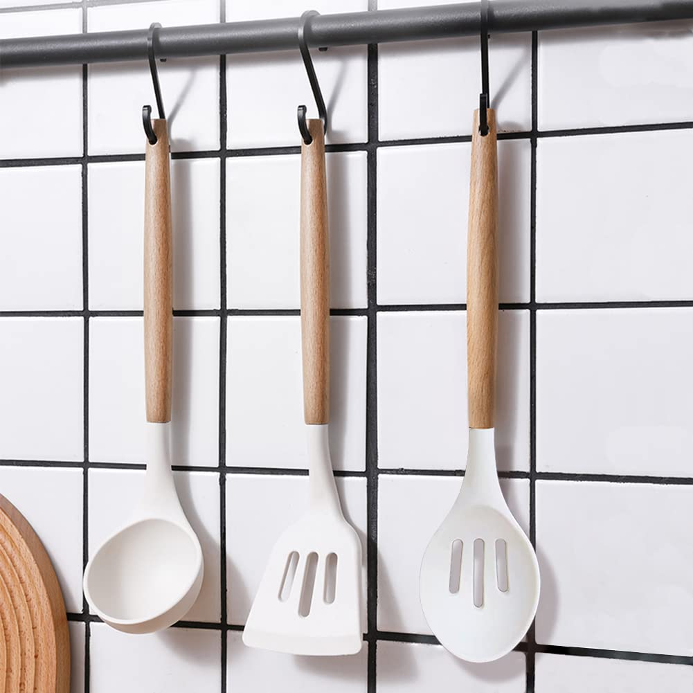 IOCBYHZ Silicone Kitchen Utensils Set of 5, Cooking Utensils Set with Heat Resistant Wooden Handle Non-Stick Silicone Spatula Spoon Turner Ladle Set, BPA FREE Kitchen Gadgets Utensil Set for Cookware