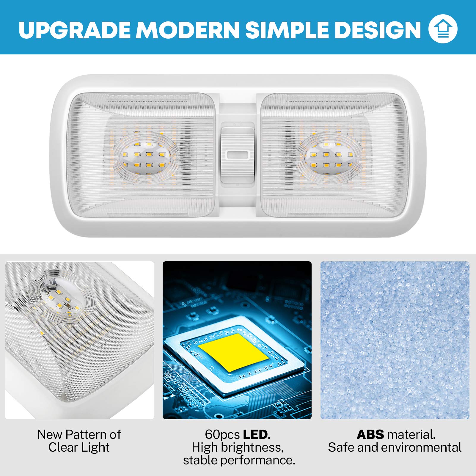 Kohree Upgrade 1000 Lumen Led RV Ceiling Double Dome Light Fixture, 5 Pack 12V Camper Interior Lighting with ON/Off Switch for Trailer RV Car Boat, Clear Cover (Natural White 4000-4500K, 60 X 5050SMD)