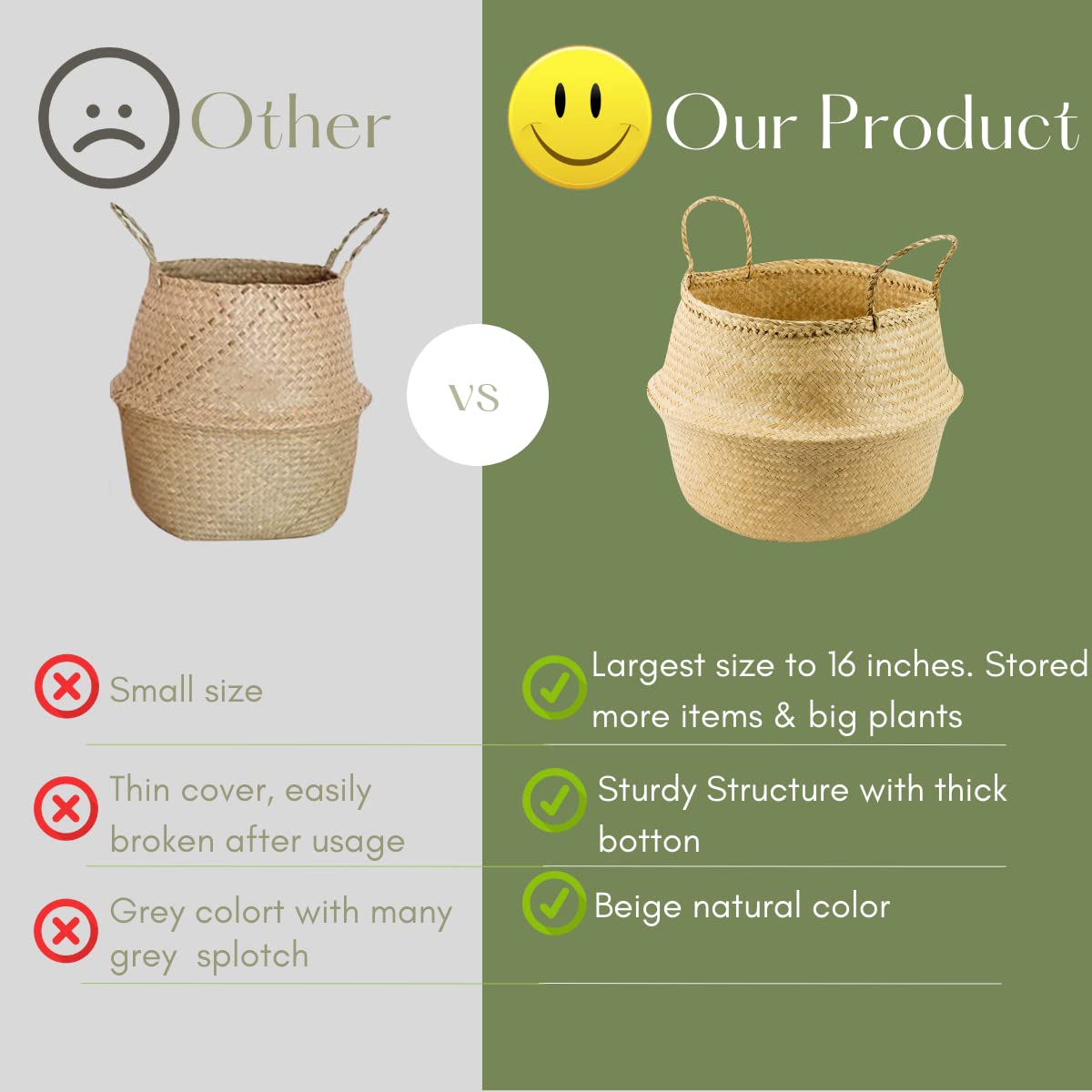 LiloCraft Seagrass Plant Basket XXLarge (Size: 16x15inches, Pattem: Black Zigzag) - Home Decor Storage Solution with Eco-Friendly, Woven Basket Planter Indoor with Handles, Round Boho Plant Pot