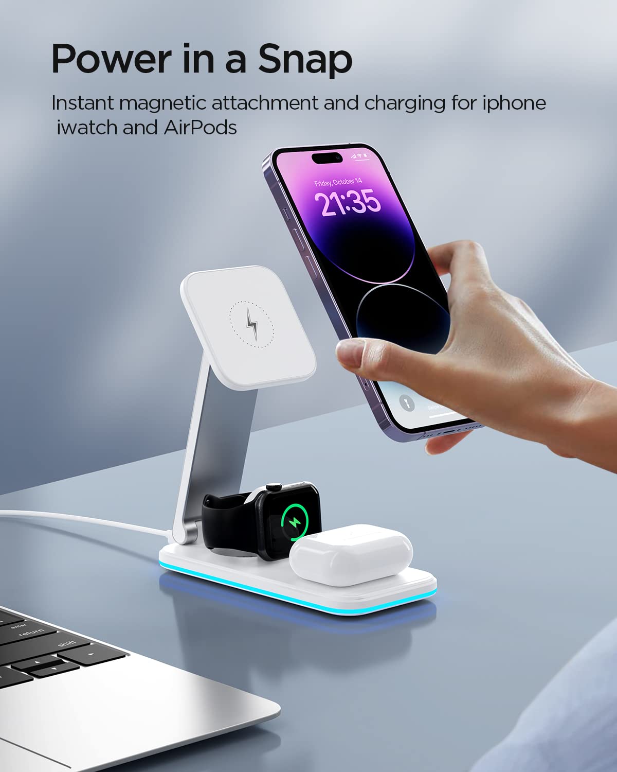 Magnetic Charging Station,Hohosb 3 in 1 Foldable Wireless Charger Stand[Compatible with Magsafe Charger] for iPhone 14/13/12 Series, AirPods Pro/3/2,Apple Watch/iWatch(18W Adapter Included)-White