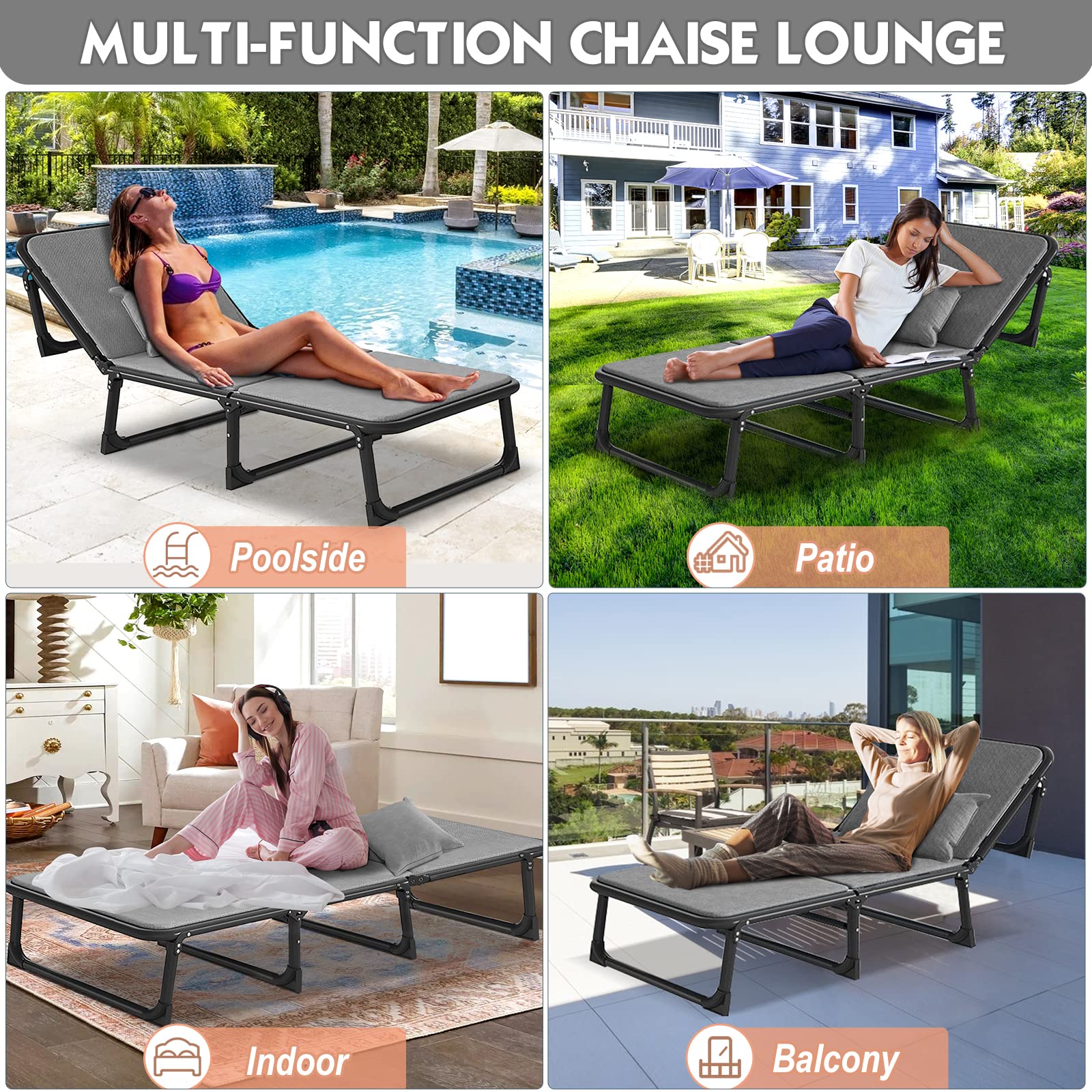 MOPHOTO Portable Folding Camping Cot with Mattress, Adjustable Positions Lounge Chaise Chairs Folding Bed Sleeping Cots Beds for Adults, Use for Outdoor Travel Camp Beach Patio