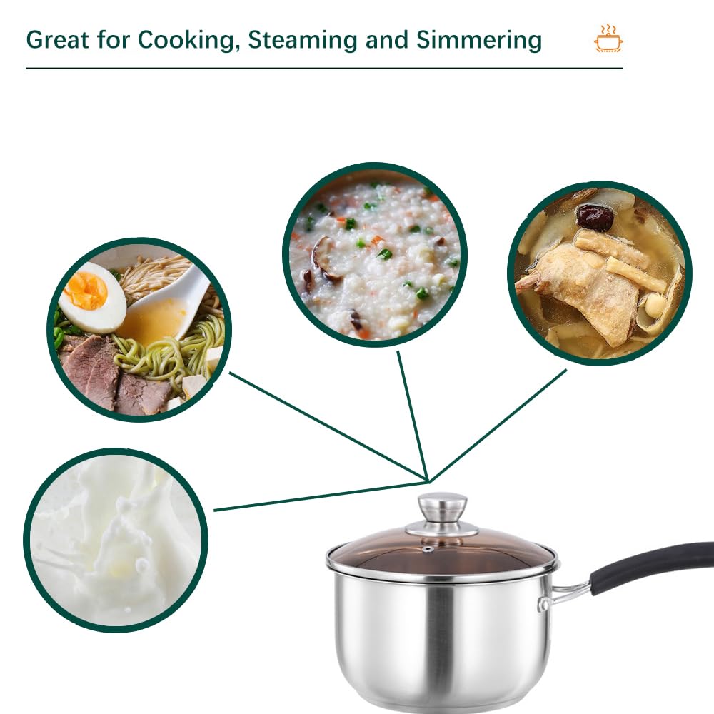 Stainless Steel Saucepan 2.5 Quart, UNOSCHRIM Milk Cooking Pot, Small Sauce Pot with Glass Lid and Bakelite Handle, Multipurpose Small Pots for Cooking Vegetables, Meat, Milk, All Stoves Compatible