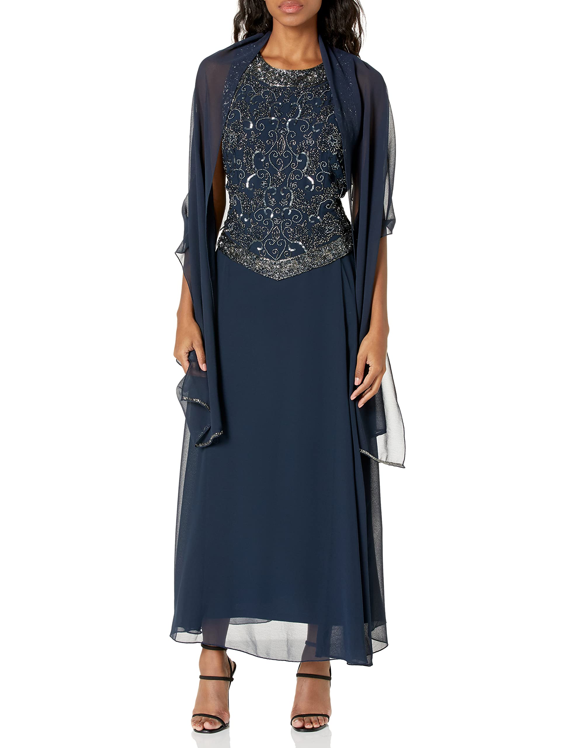 J Kara Women's Long Beaded V Trim Detail Dress with Scarf, Navy/Mercury/Gun, 6