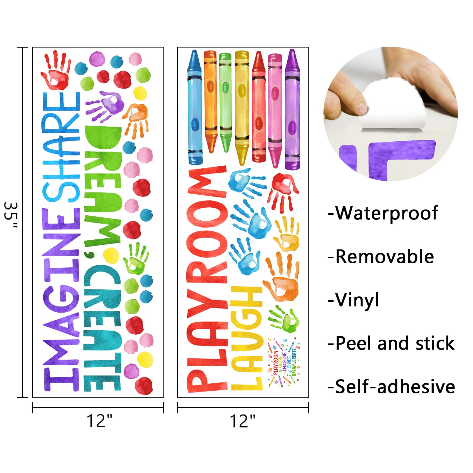 Mfault Playroom Wall Decals Stickers, Crayon Handprint Polka Dots Inspirational Quote Nursery Decorations Daycare Art, Laugh Imagine Share Dream Create Toddler Kids Room Bedroom School Classroom Decor