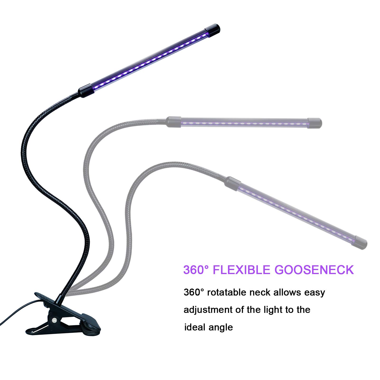 KXZM USB LED Blacklight with Desk Clamp, 360 Degree Rotating Gooseneck Purple Light 395-400nm Fixture for Paint, Fluorescent Poster