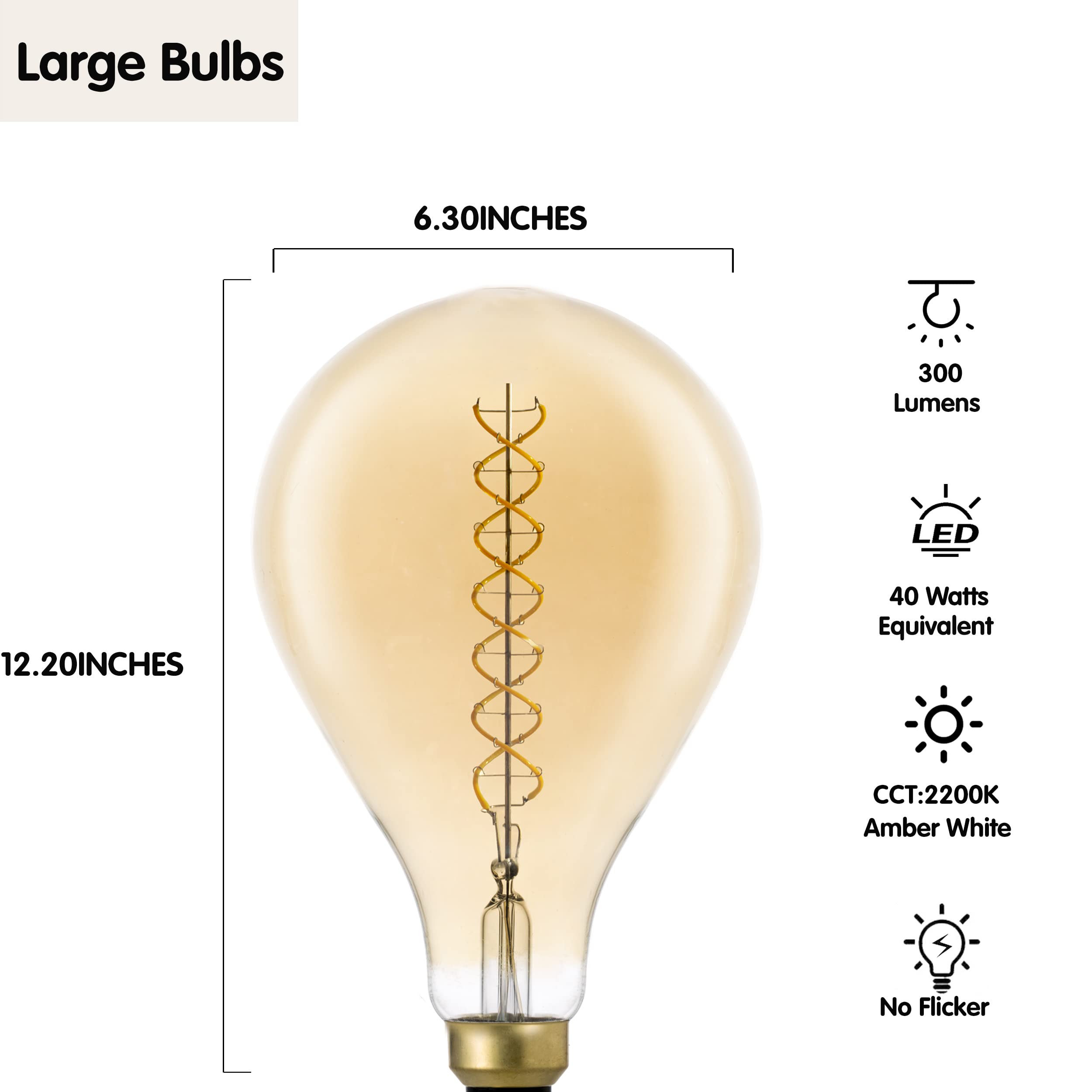 Mveriud PS52 LED Decorative LED Large Bulb for Pendant Light, 2200K Warm White, Amber Glass, 300LM, E26 Medium Base. 6.5W(40W Equivalent), CRI90